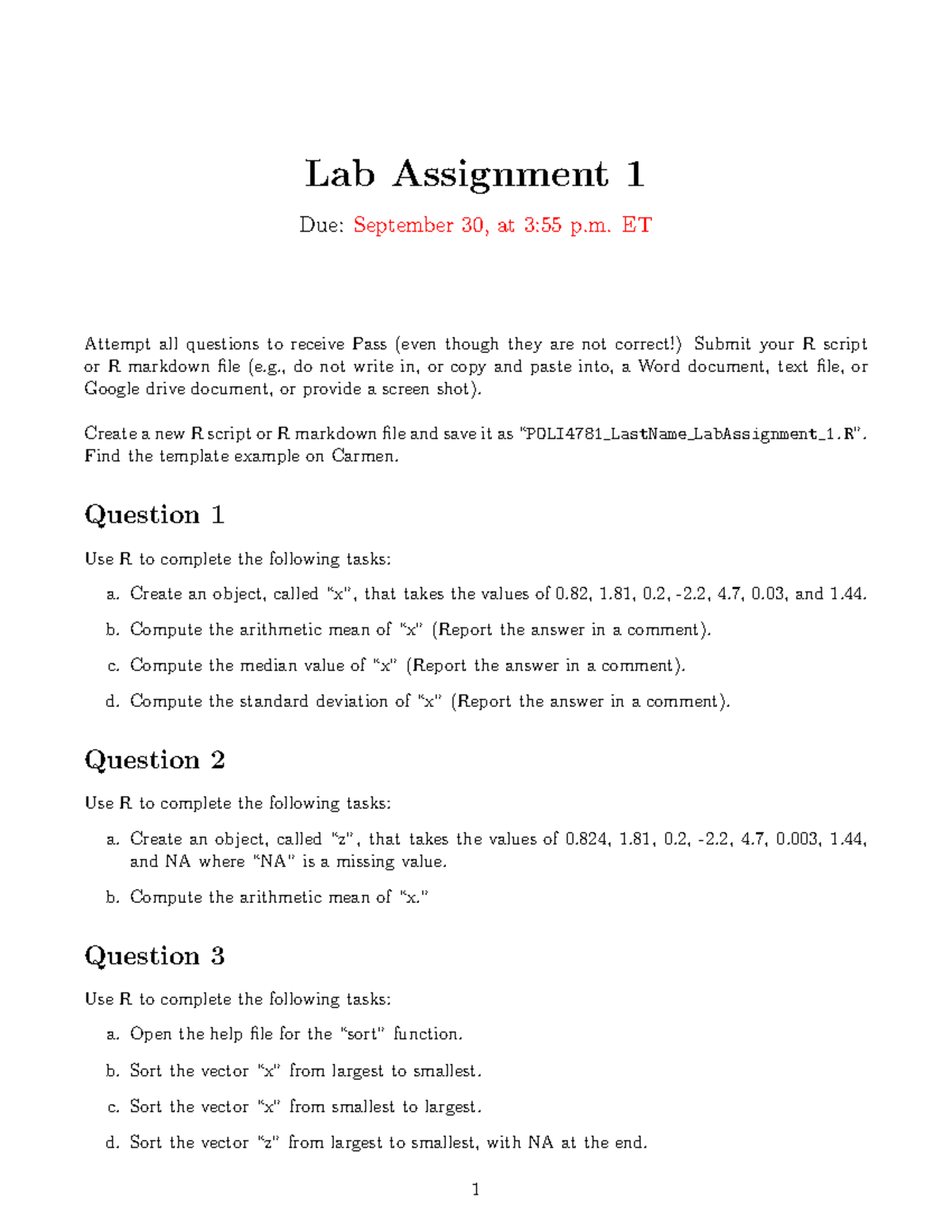 Lab assignment 1 - Lab Assignment 1 Due: September 30, at 3:55 p. ET ...