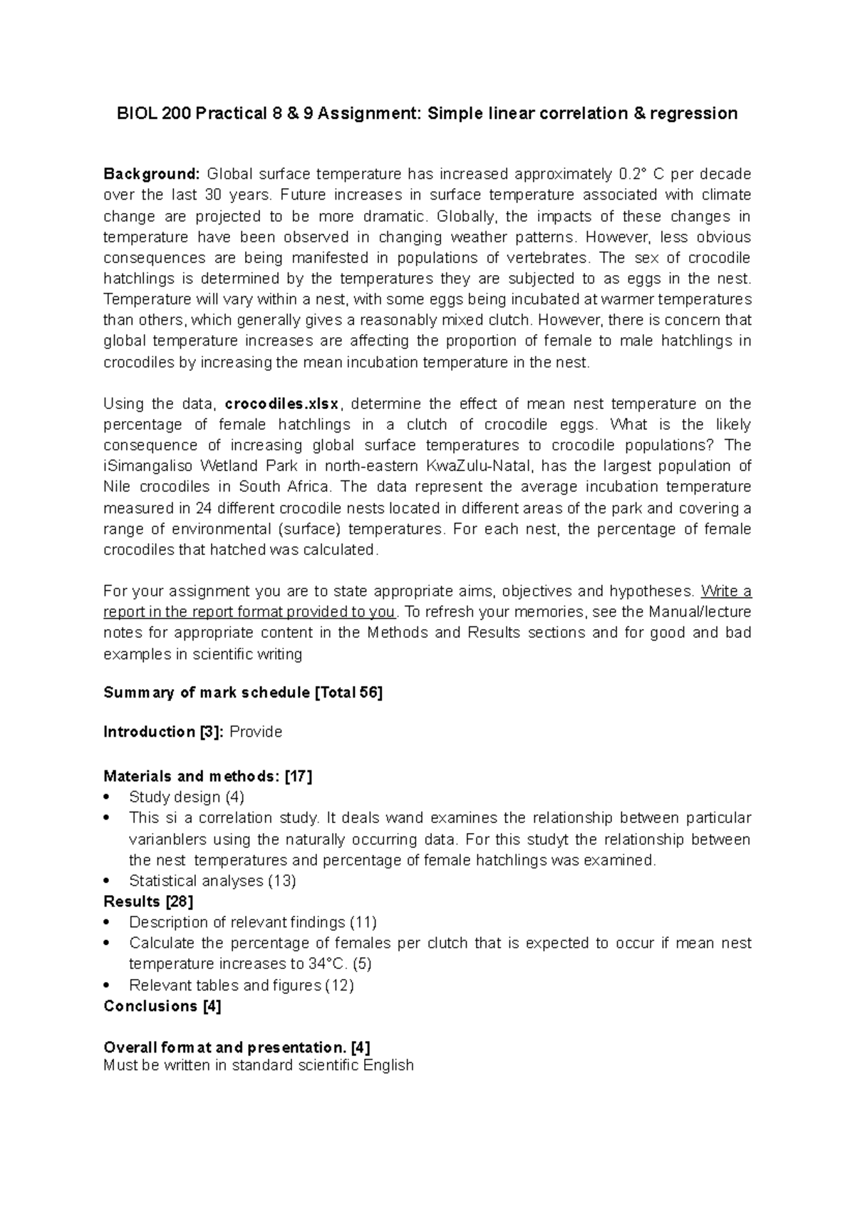 BIOL200 Prac 8&9 Assignment - BIOL 200 Practical 8 & 9 Assignment: Simple linear correlation ...