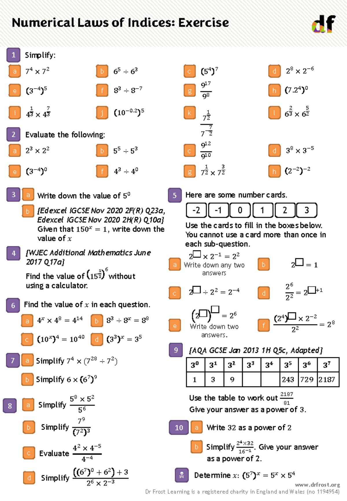 Numerical Laws of Indices - Exercise - drfrost Dr Frost Learning is a ...