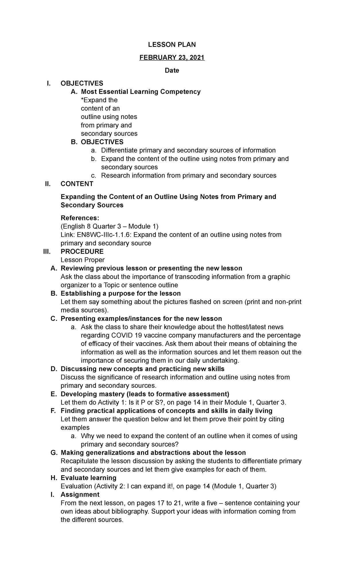 2 SEMI Lesson PLAN Asnhs - LESSON PLAN FEBRUARY 23, 2021 Date I ...