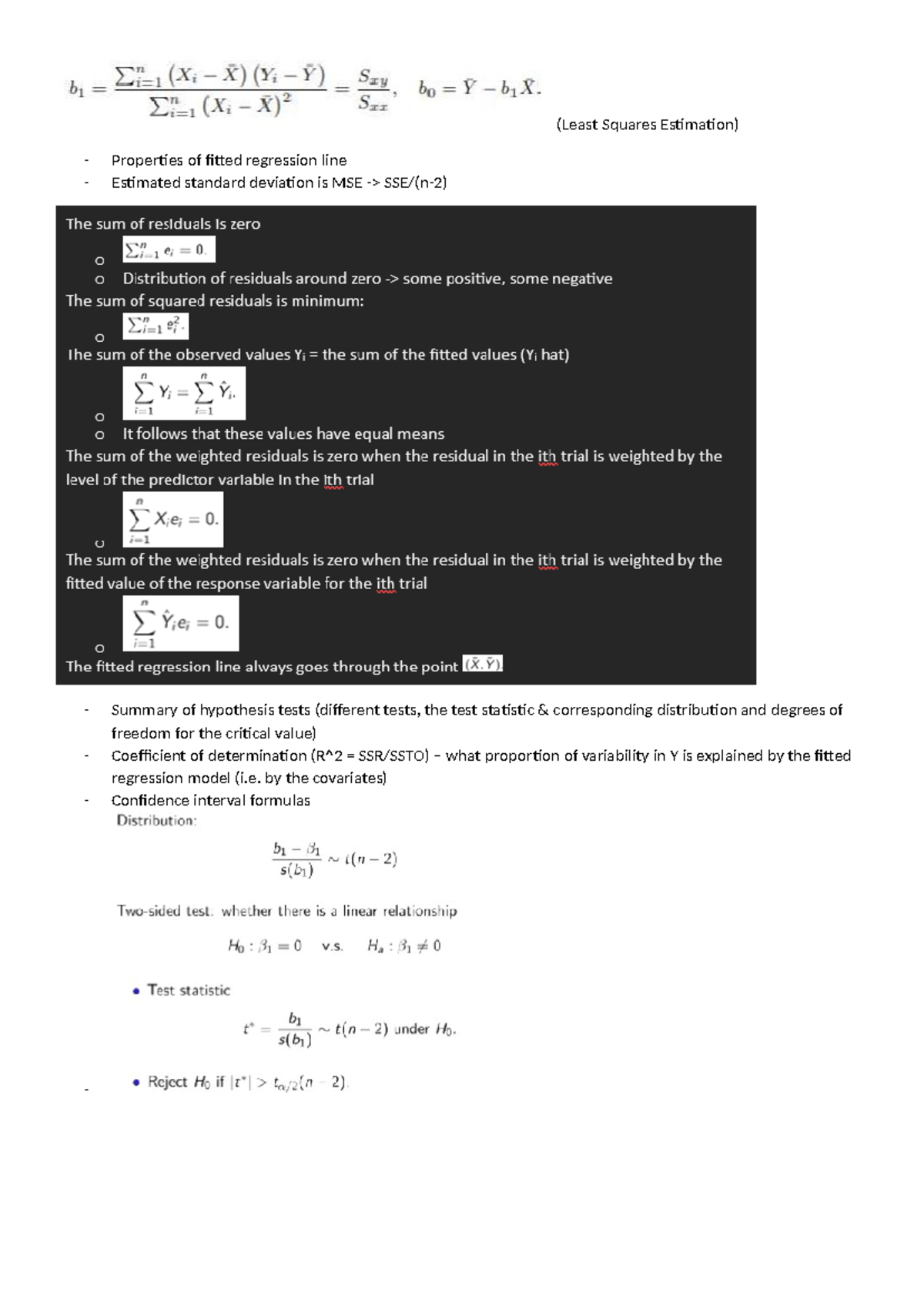 STAT2014 cheat sheet content - (Least Squares Estimation) Properties of ...