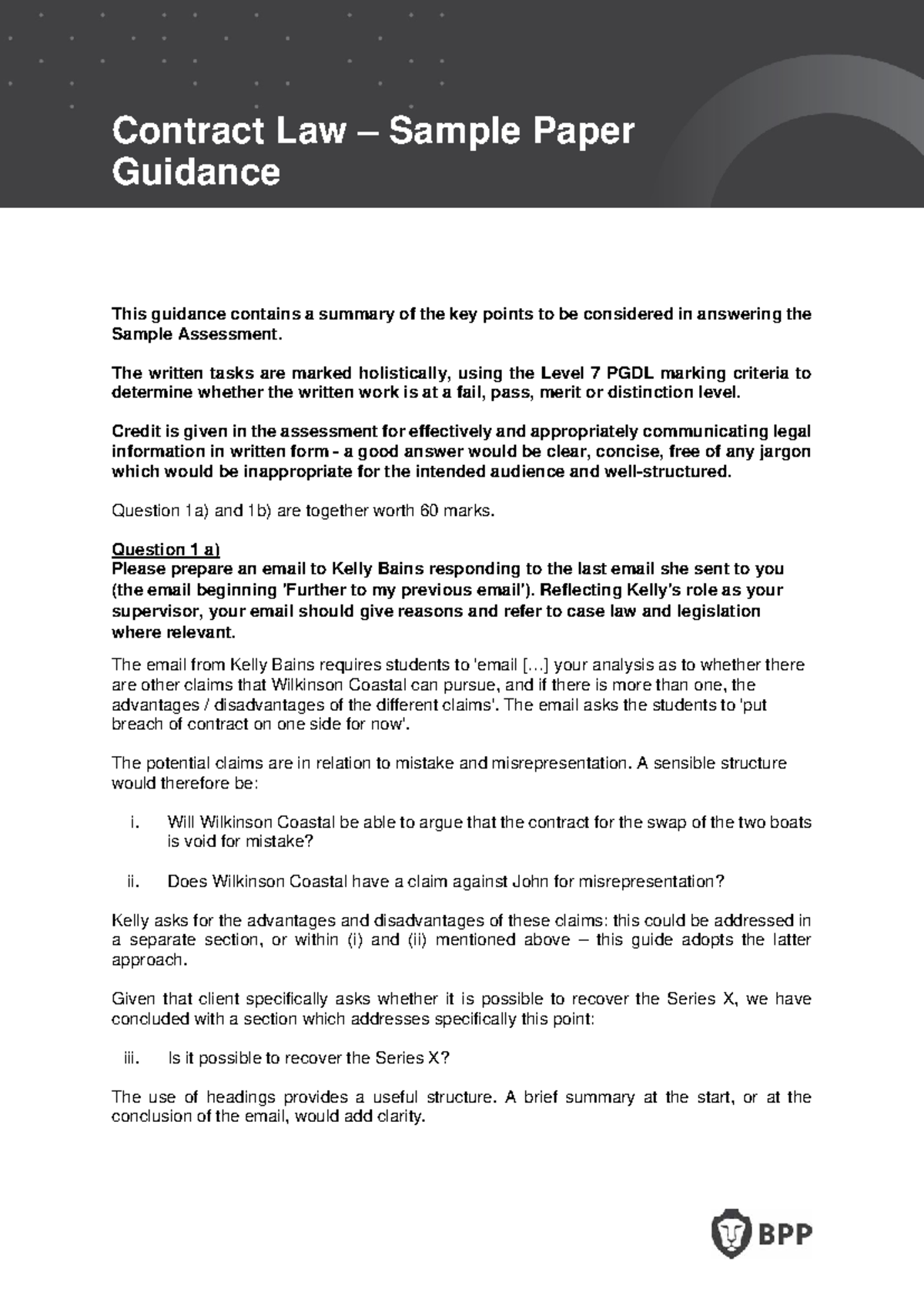 Contract Law Sample Assessment Guidance - Contract Law – Sample Paper ...