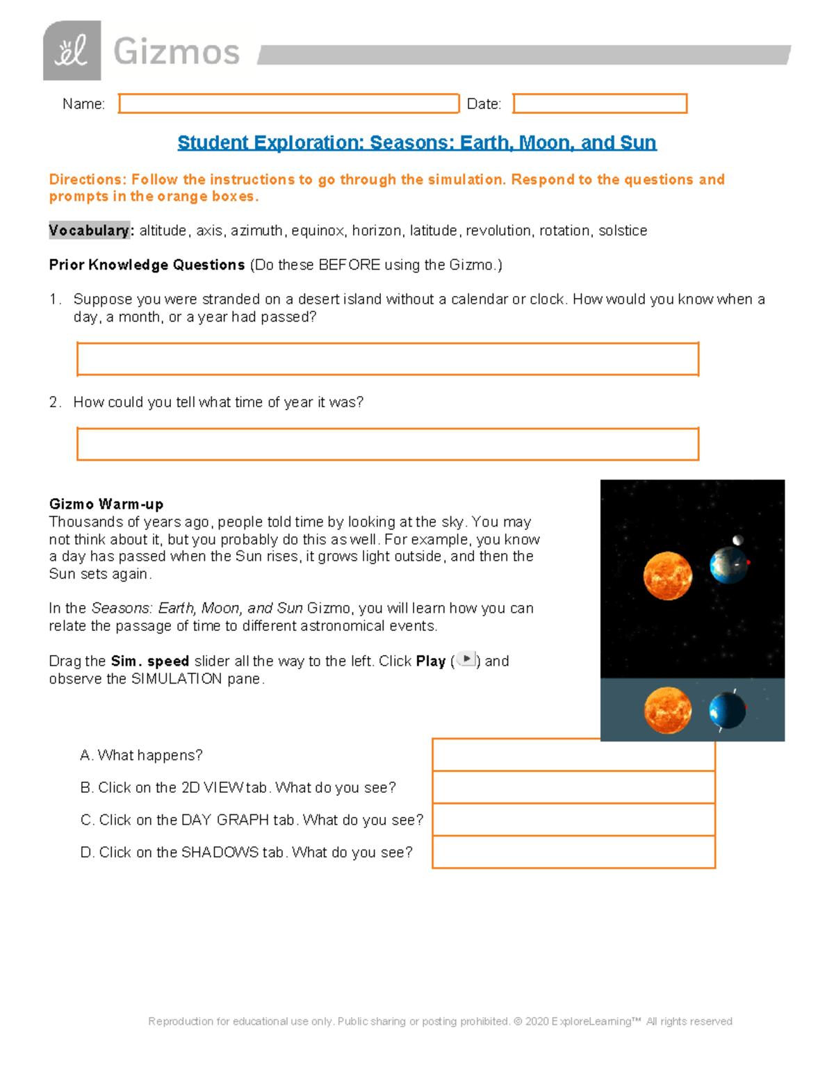 Seasons Earth Moon Sun SE - Name: Date: Student Exploration: Seasons ...