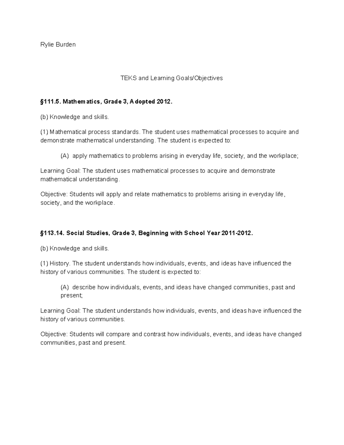Learning Objectives - Rylie Burden TEKS and Learning Goals/Objectives ...
