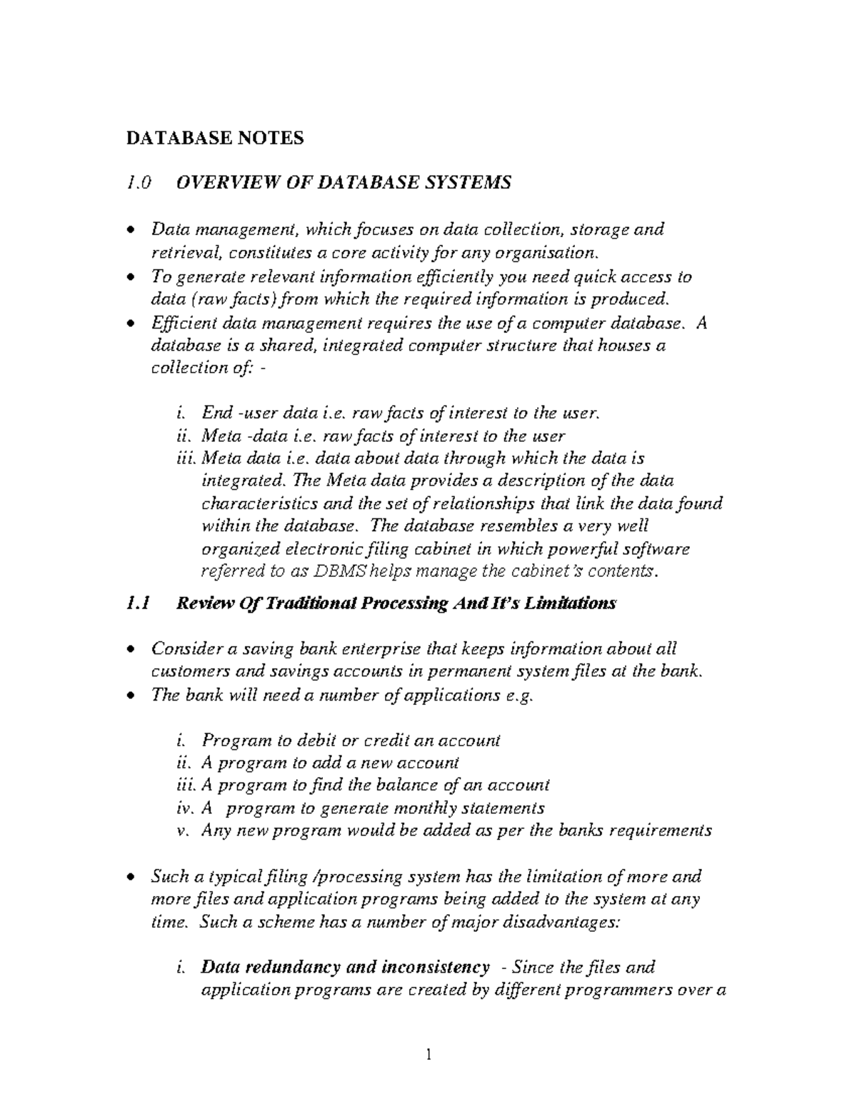 Database Notes full - DATABASE NOTES 1 OVERVIEW OF DATABASE SYSTEMS ...