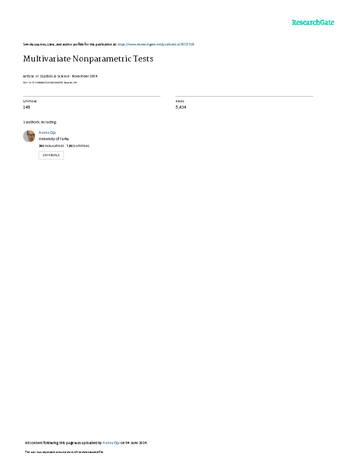 Multivariate Nonparametric Tests See Discussions Stats And Author