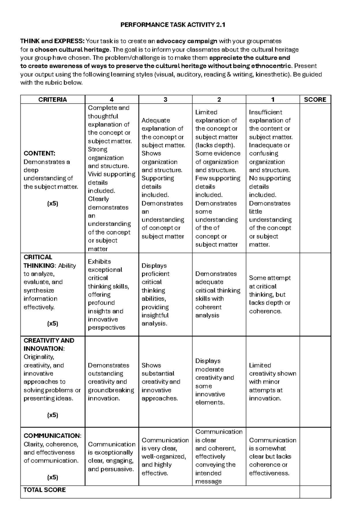 Performance TASK Activity 2-A - PERFORMANCE TASK ACTIVITY 2. THINK and ...