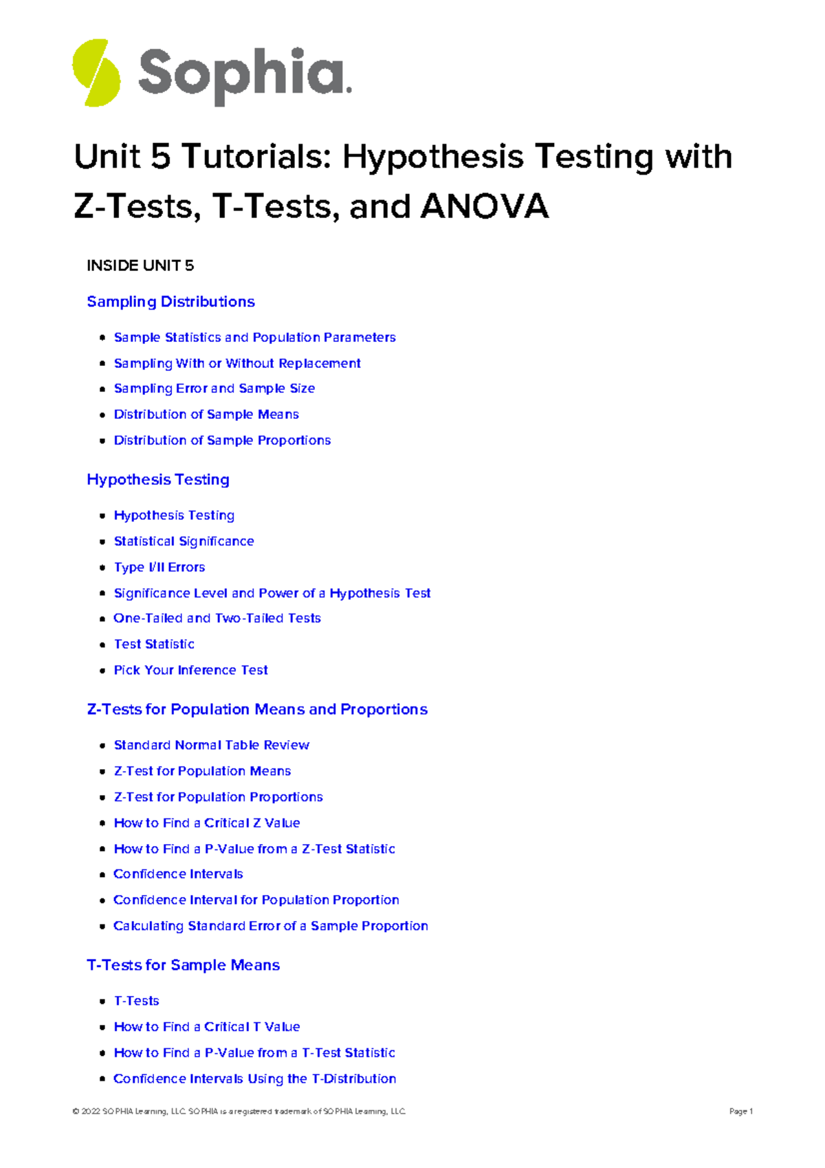 Sophia Intro To Statistics Unit 5 Tutorials Hypothesis Testing With Z Tests T Tests And