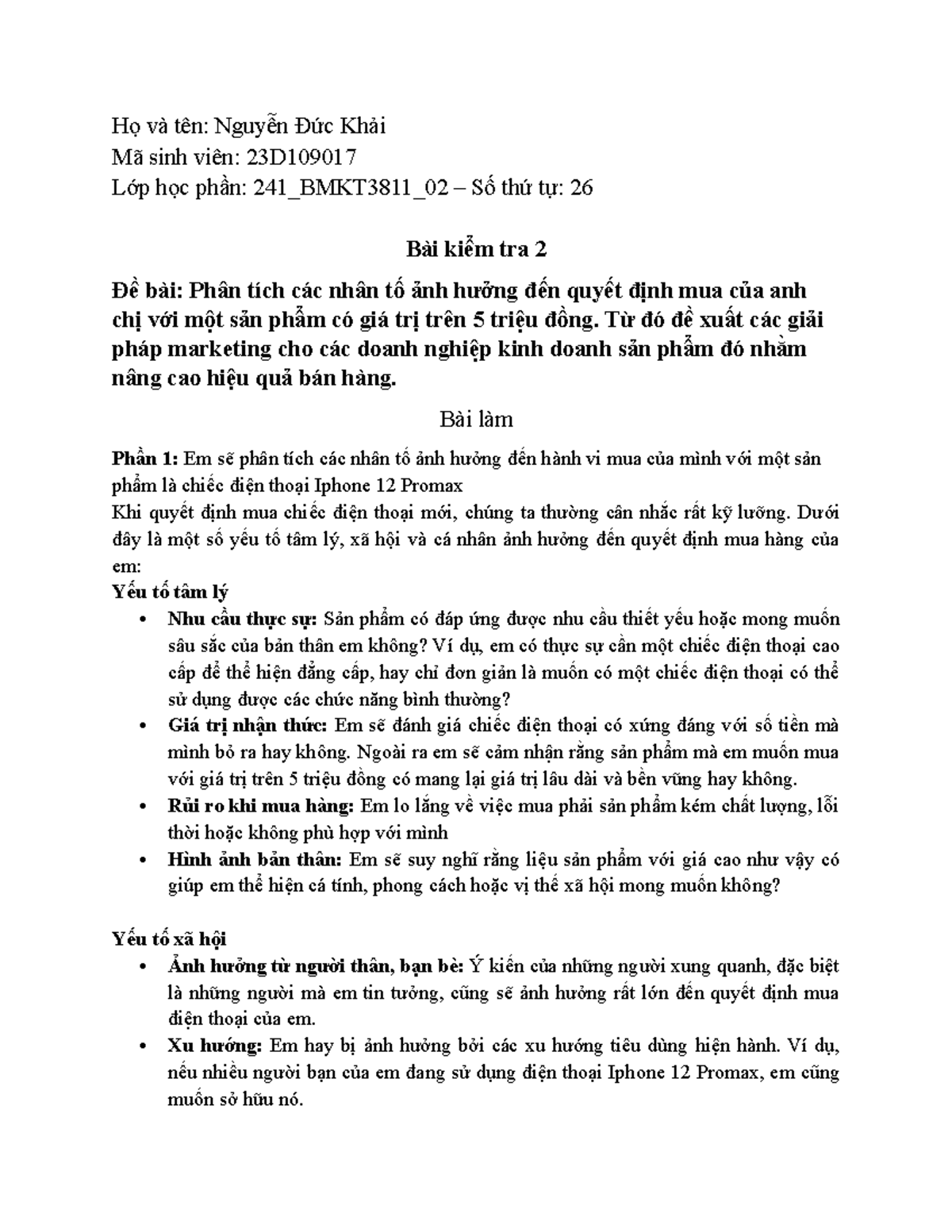 Bài kiểm tra số 2 môn HVKH - Họ và tên: Nguyễn Đức Khải Mã sinh viên ...