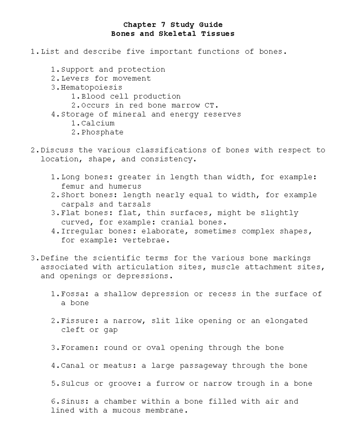 Chapter 7 Study Guide Bones and Skeletal Tissues - 1 and protection 2 ...