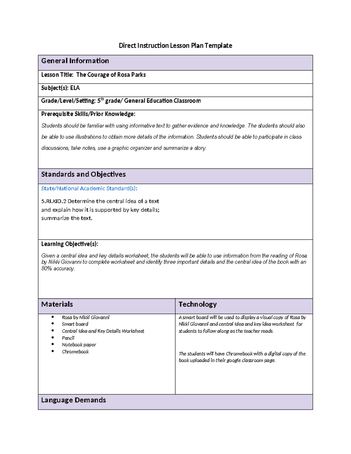 Rosa - Task 1 - Direct Instruction Lesson Plan Template General ...