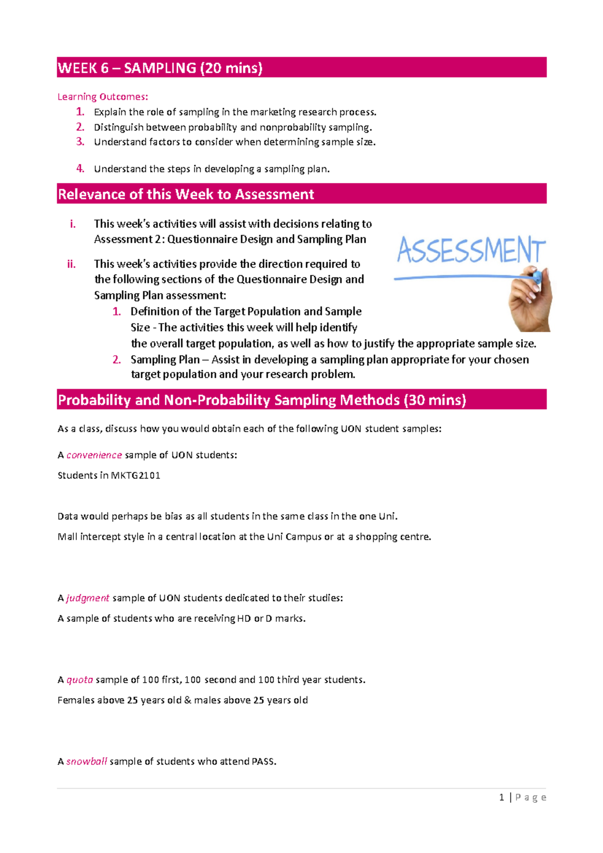 MKTG2010 Workshop 6 Sampling - WEEK 6 – SAMPLING (20 mins) Learning Outcomes: 1. Explain the ...