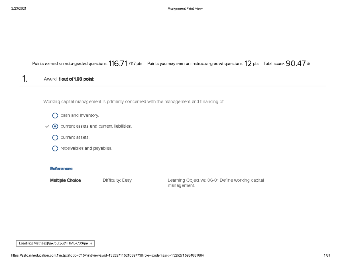 Assignment Print 2 View - 1. Award: 1 out of 1 point Points earned on auto-graded questions ...