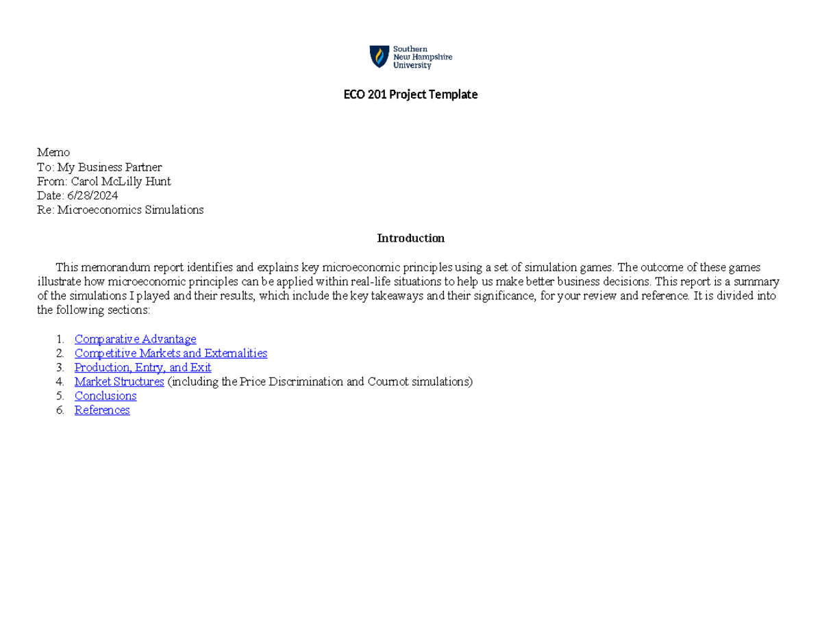 Module 8 Final Project - ECO 201 Project Template Memo To: My Business ...
