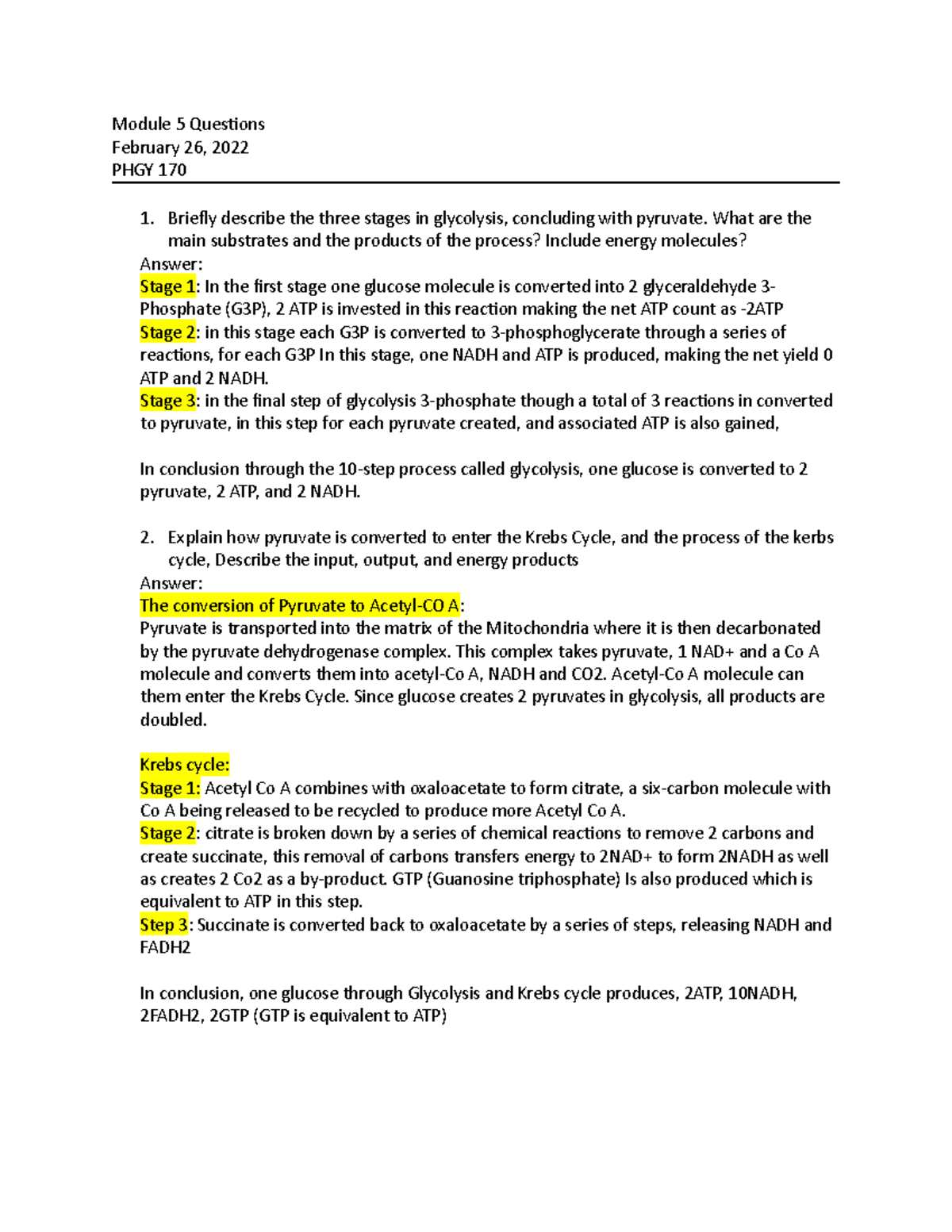 Module 5 Questions - Module 5 Questions February 26, 2022 PHGY 170 ...