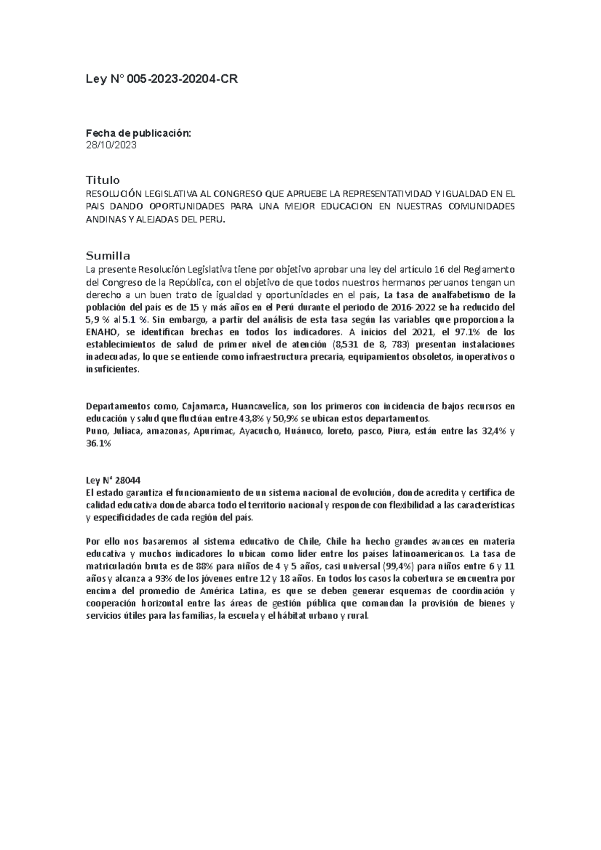 PROMULGAR NUEVA LEY - Ley N° 005-2023-20204-CR Fecha de publicación: 28 ...