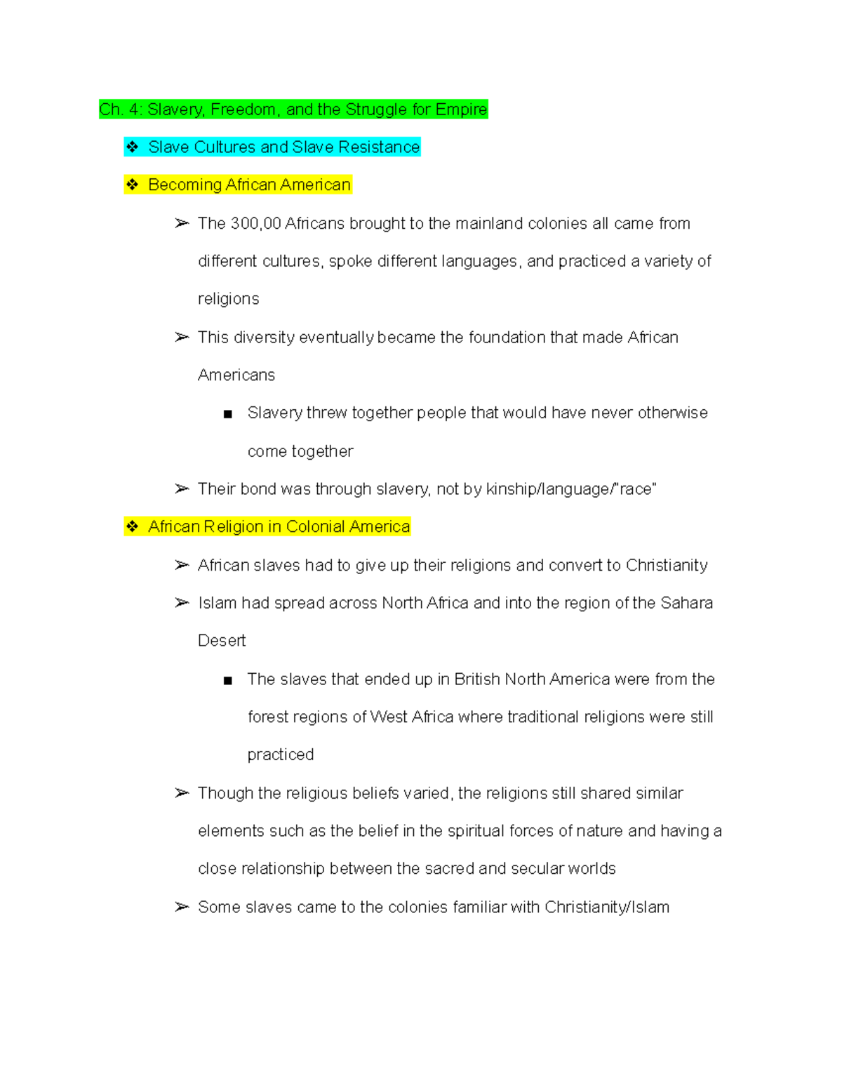 HIST 101 Ch. 4 - Online class notes - Ch. 4: Slavery, Freedom, and the ...