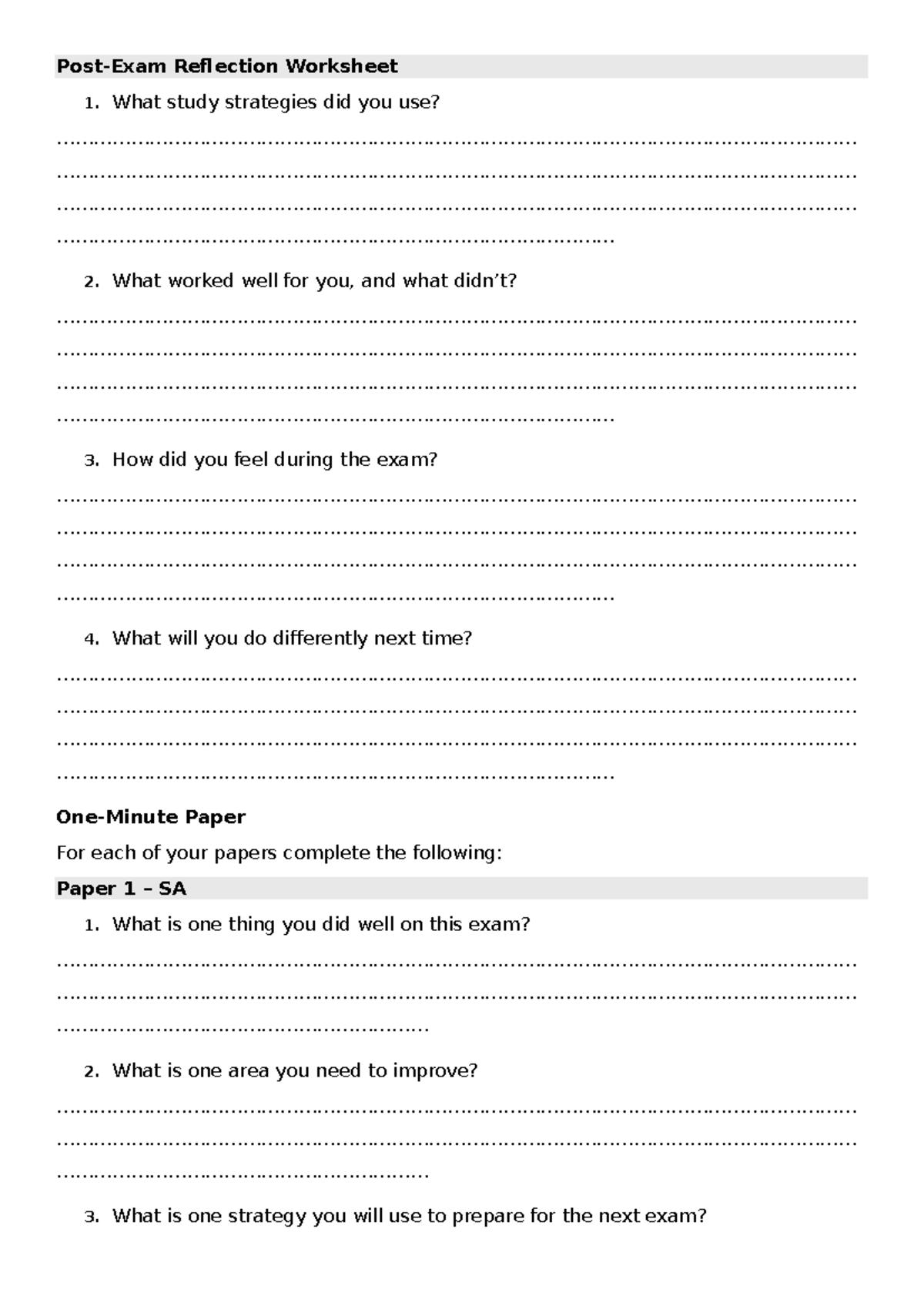 Post Exam Reflection - efQF - Post-Exam Reflection Worksheet 1. What ...