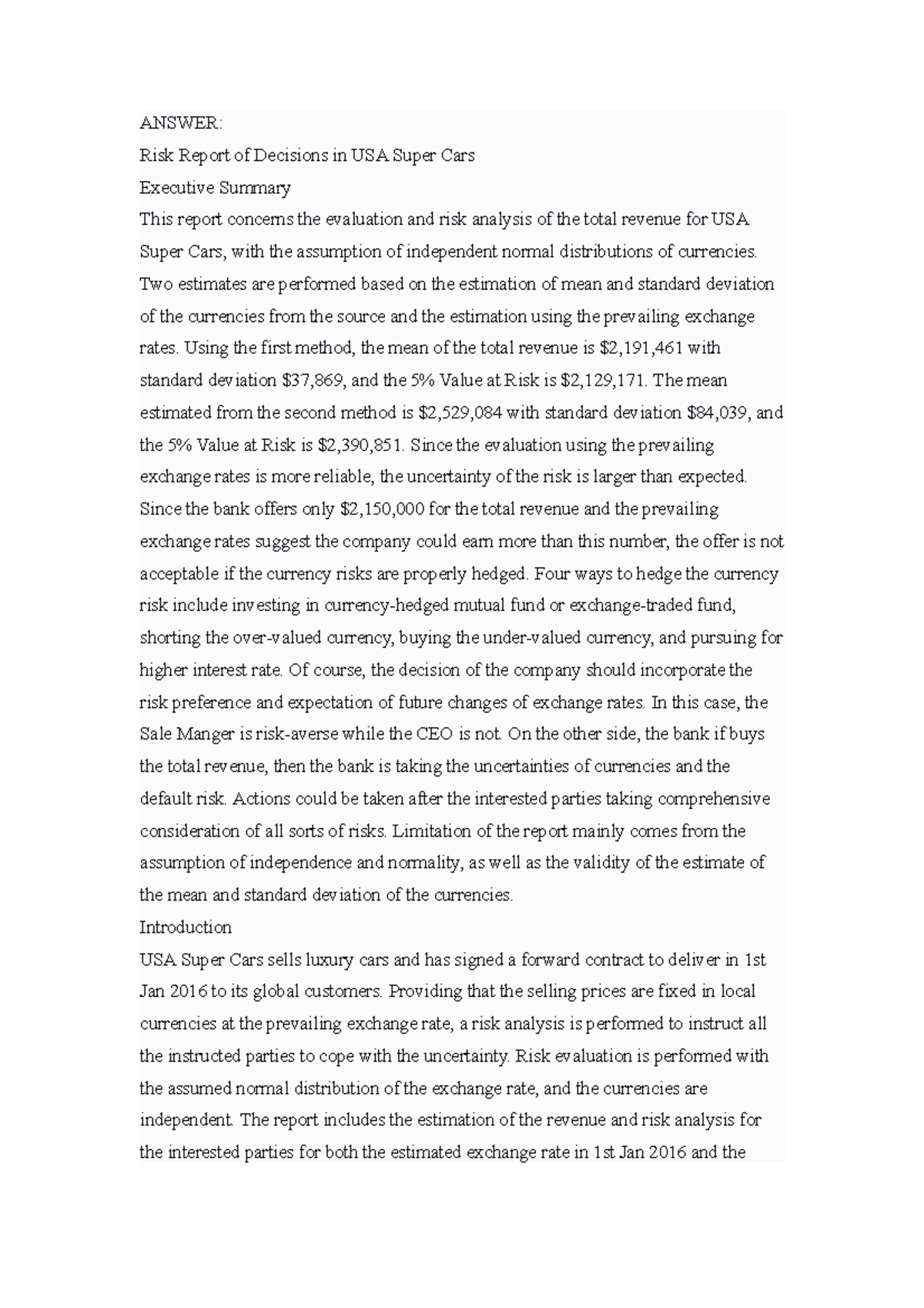 Answer - Bài tập - ANSWER: Risk Report of Decisions in USA Super Cars ...