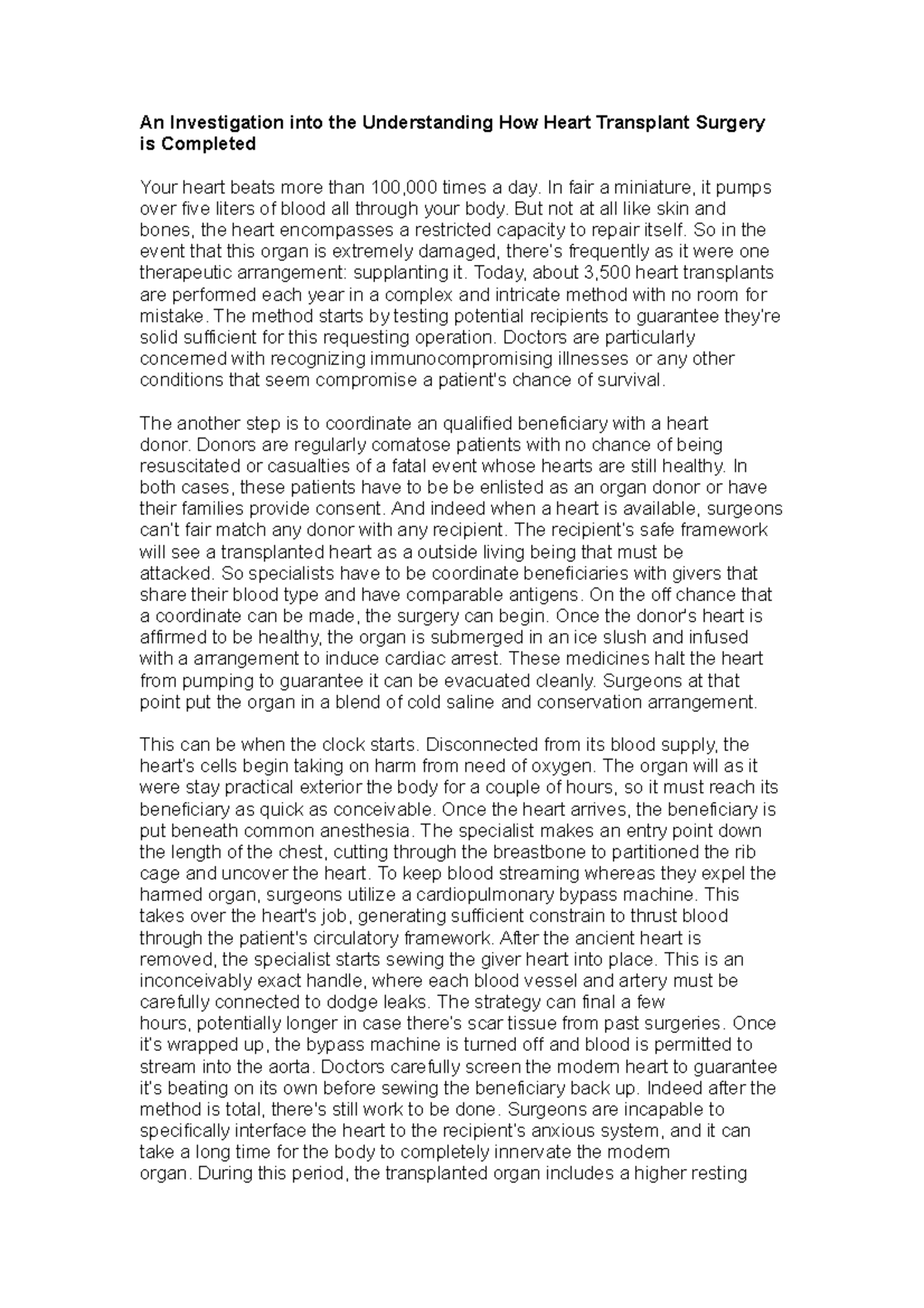 An Investigation into the Understanding How Heart Transplant Surgery is ...