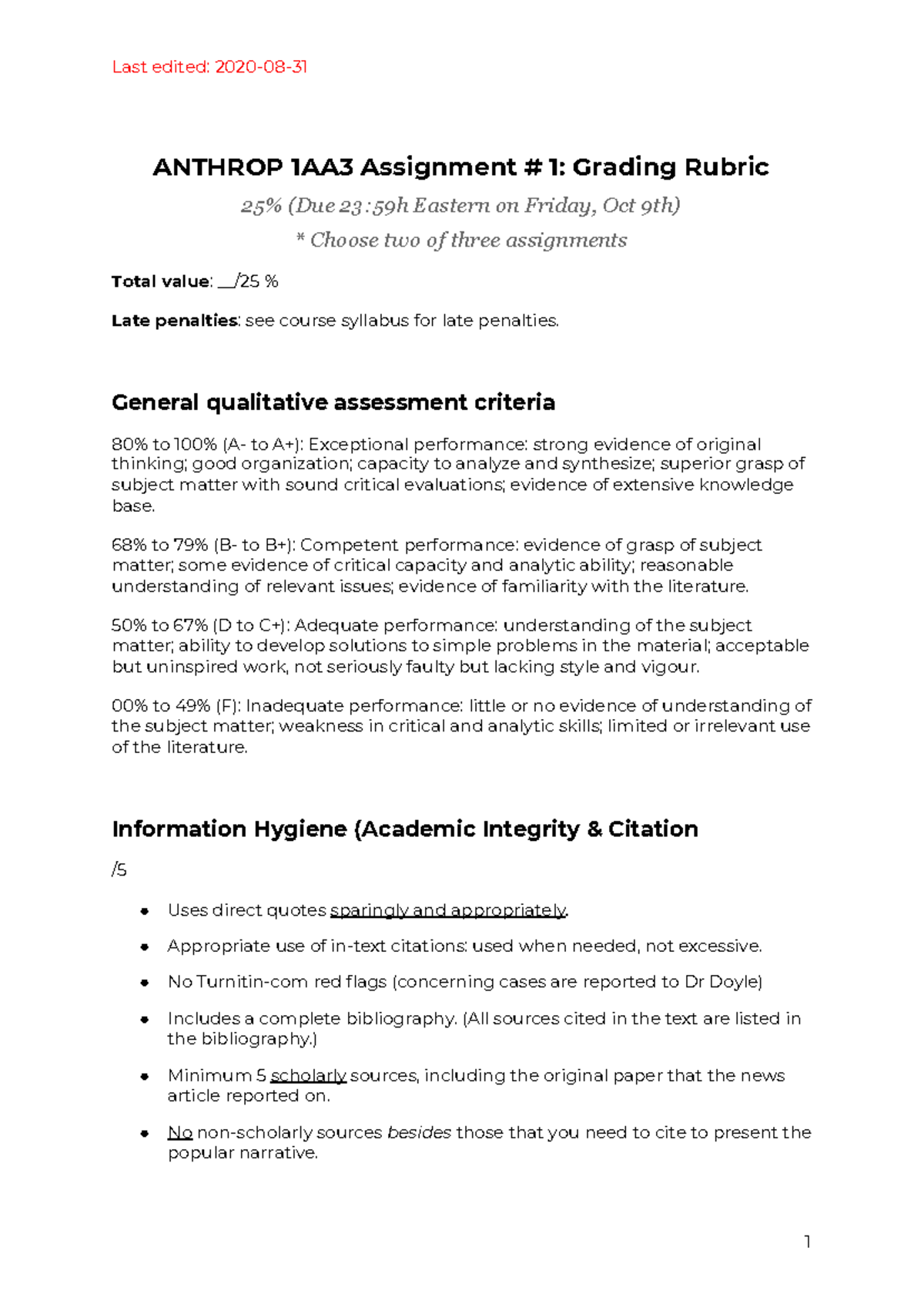 1AA3 Assignment 1 - Rubric Student Version - ANTHROP 1AA3 Assignment # 1: Grading Rubric 25% ...