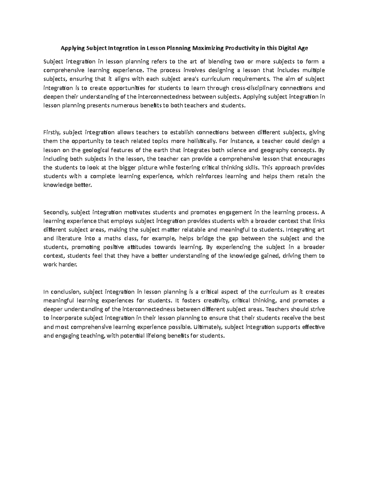 Applying Subject Integration in Lesson Planning Maximizing Productivity ...