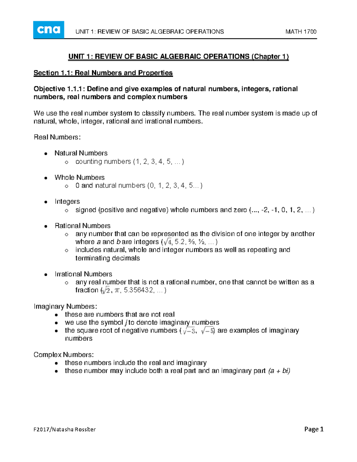 MA1700 Notes Unit 1 - Algebra Review - F17 - F2017/Natasha Rossiter ...