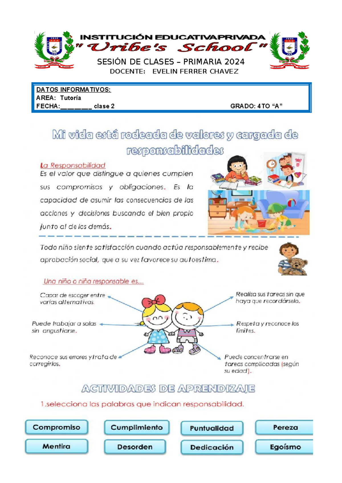 Sesión DE Clases 4TO - Tutoría - DOCENTE: EVELIN FERRER CHAVEZ ...