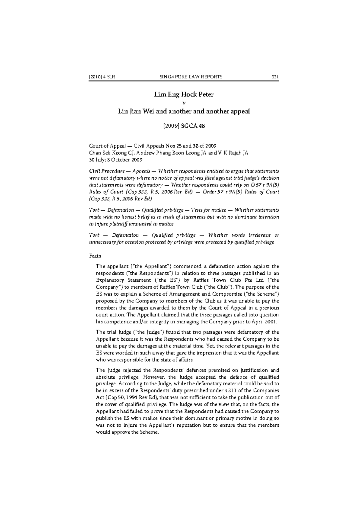 Lim Eng Hock Peter v Lin Jian Wei [2010 ] 4 SLR 331 [2010 ] 4 SLR 0331 ...