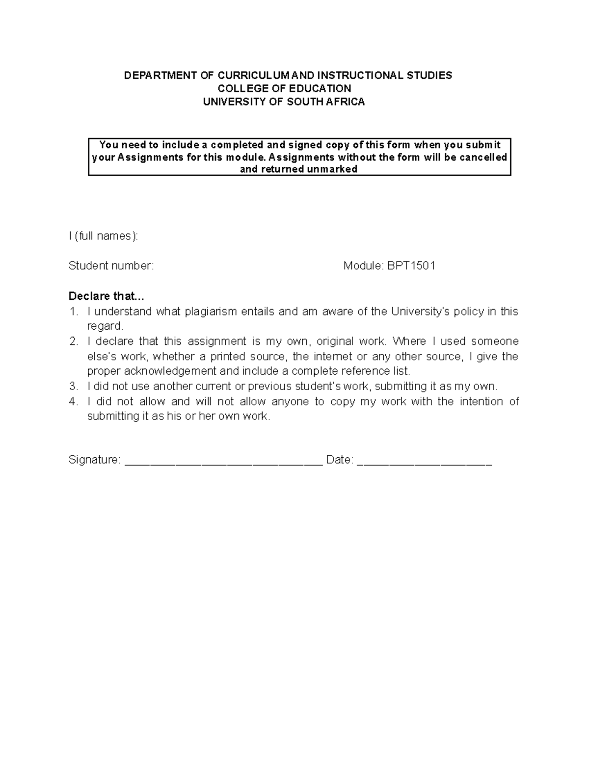 Declaration form - DEPARTMENT OF CURRICULUM AND INSTRUCTIONAL STUDIES COLLEGE OF EDUCATION - Studocu