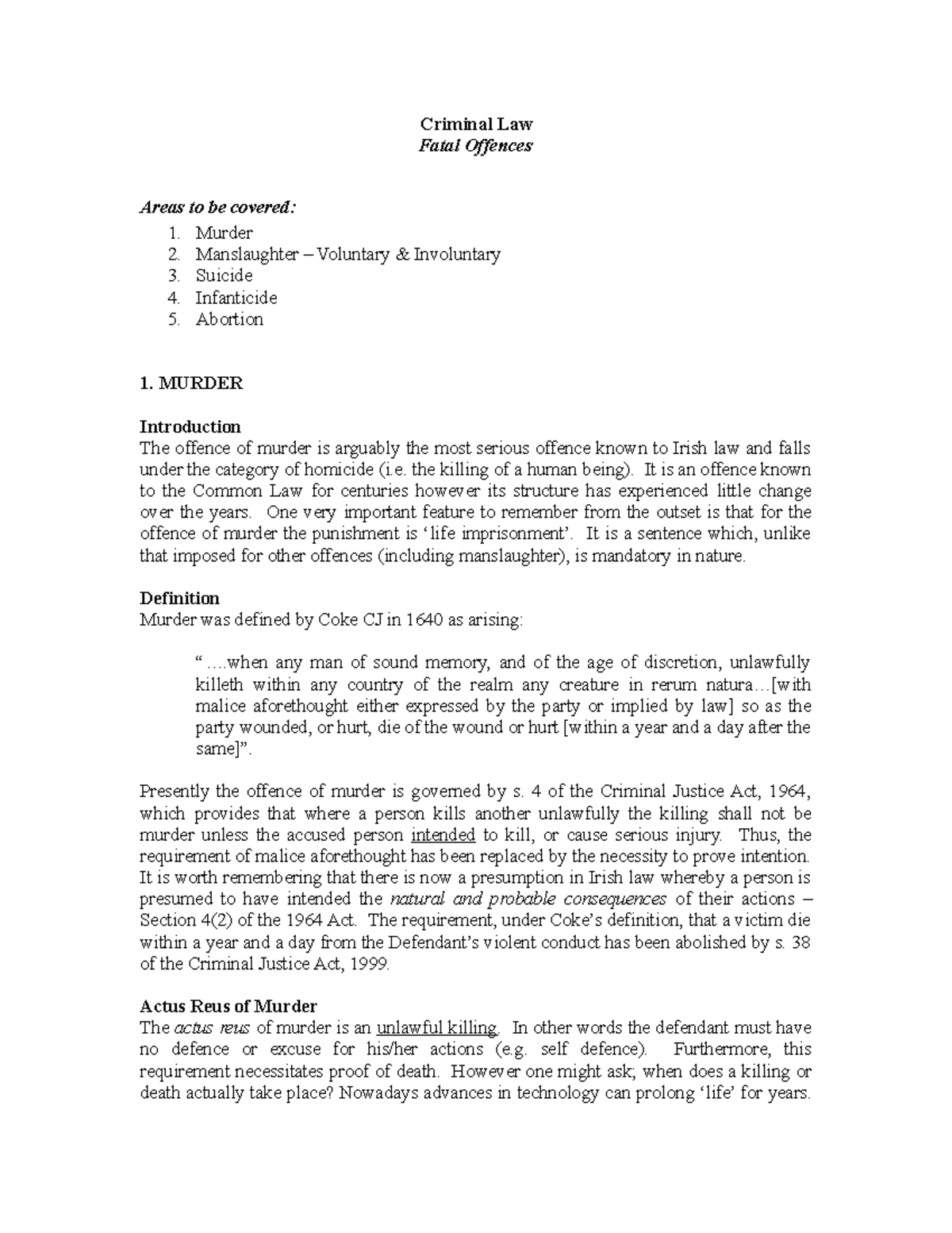 Fatal Offences notes updated 2019 - Criminal Law Fatal Offences Areas ...