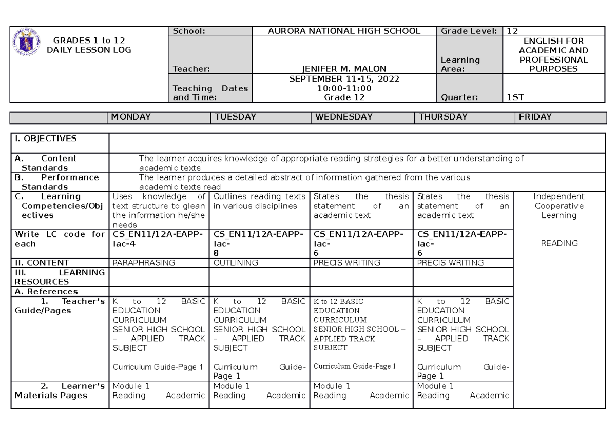 3 - Daily Learning Plan - GRADES 1 to 12 DAILY LESSON LOG School ...