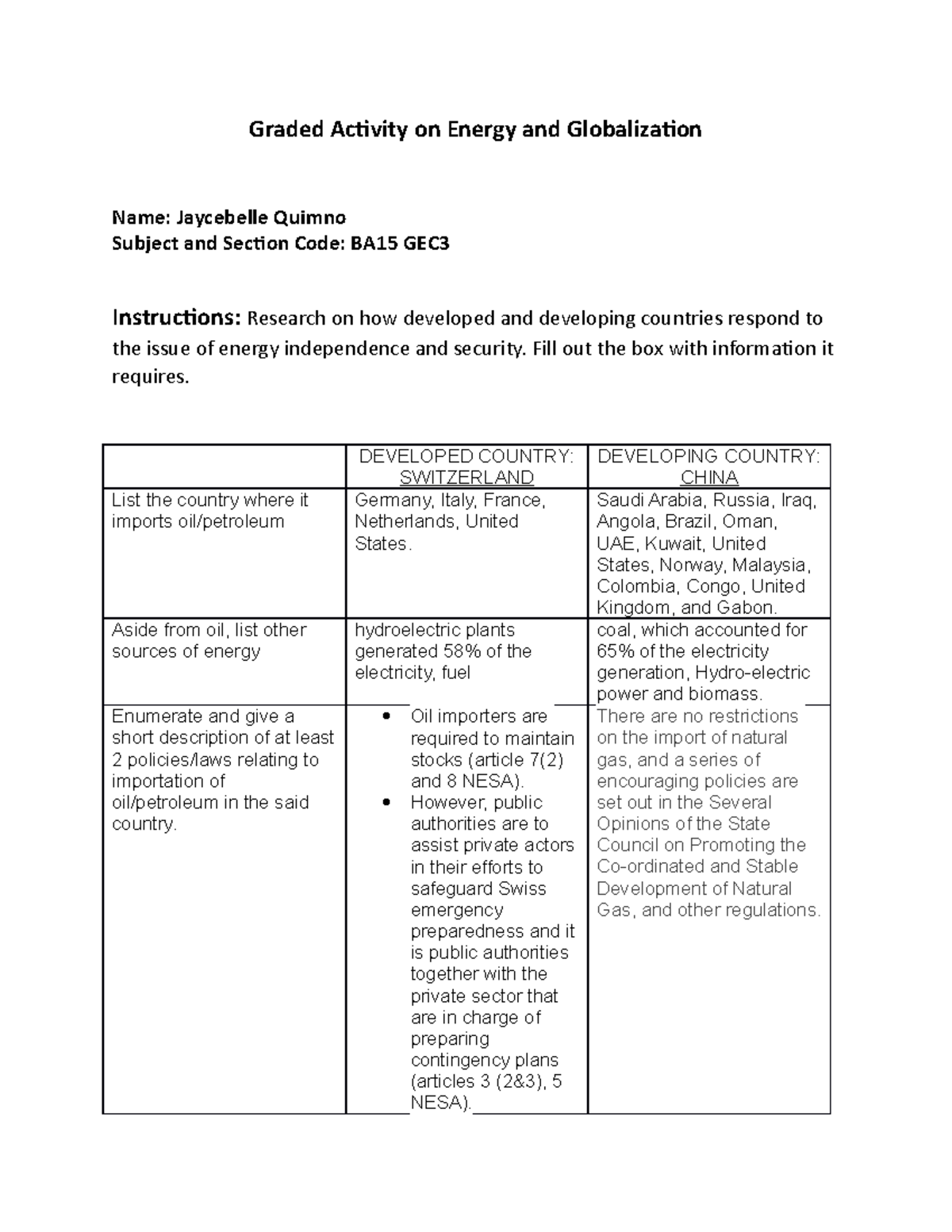 Graded Activity on Energy and Globalization - Fill out the box with ...