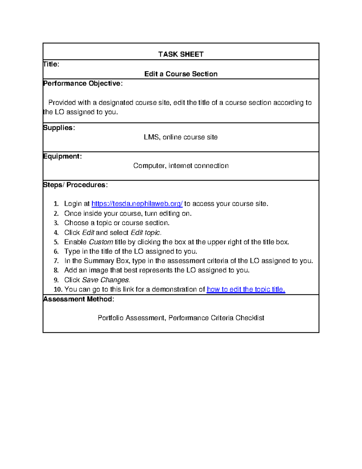 TASK Sheet - Course Section - TASK SHEET Title: Edit a Course Section ...