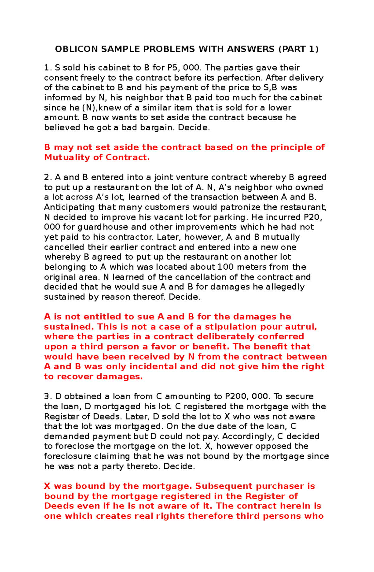 25648479 - dfgfd - OBLICON SAMPLE PROBLEMS WITH ANSWERS (PART 1) S sold his cabinet to B for P5 ...