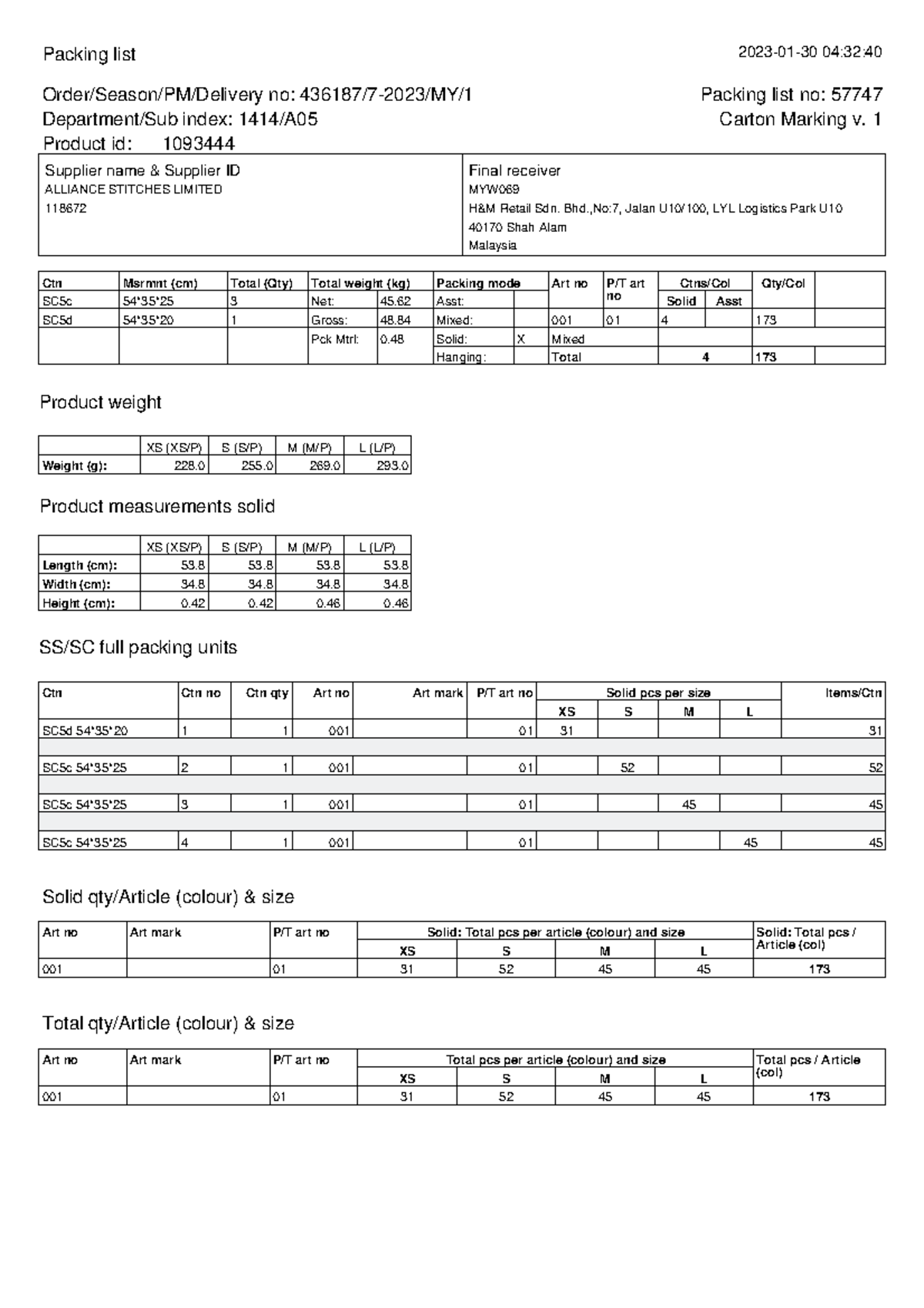 0003-23 PL - OK go - Product weight Product measurements solid SS/SC ...