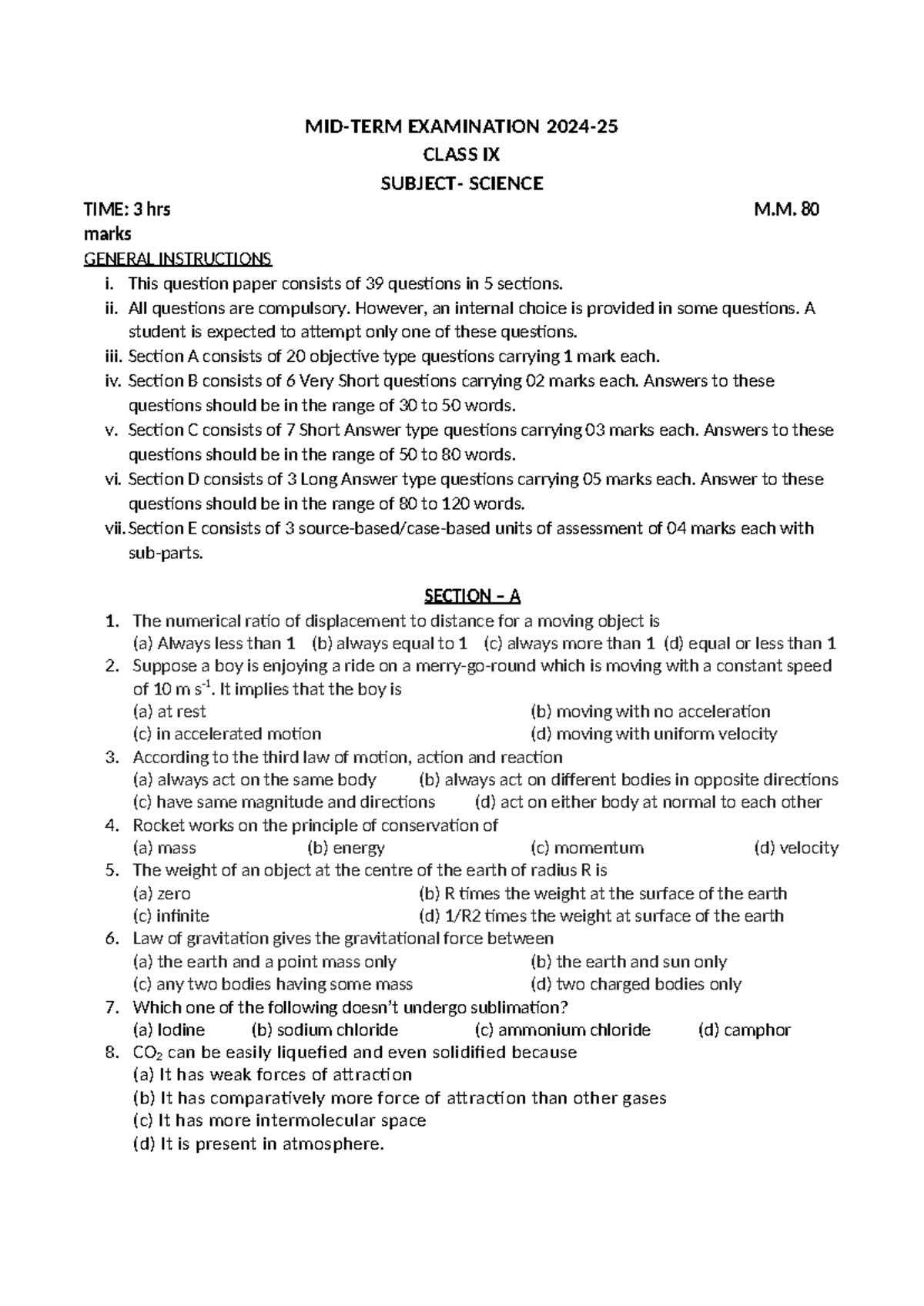 Class IX science Mid term 2024 by Ms. Sonam - MID-TERM EXAMINATION 2024 ...