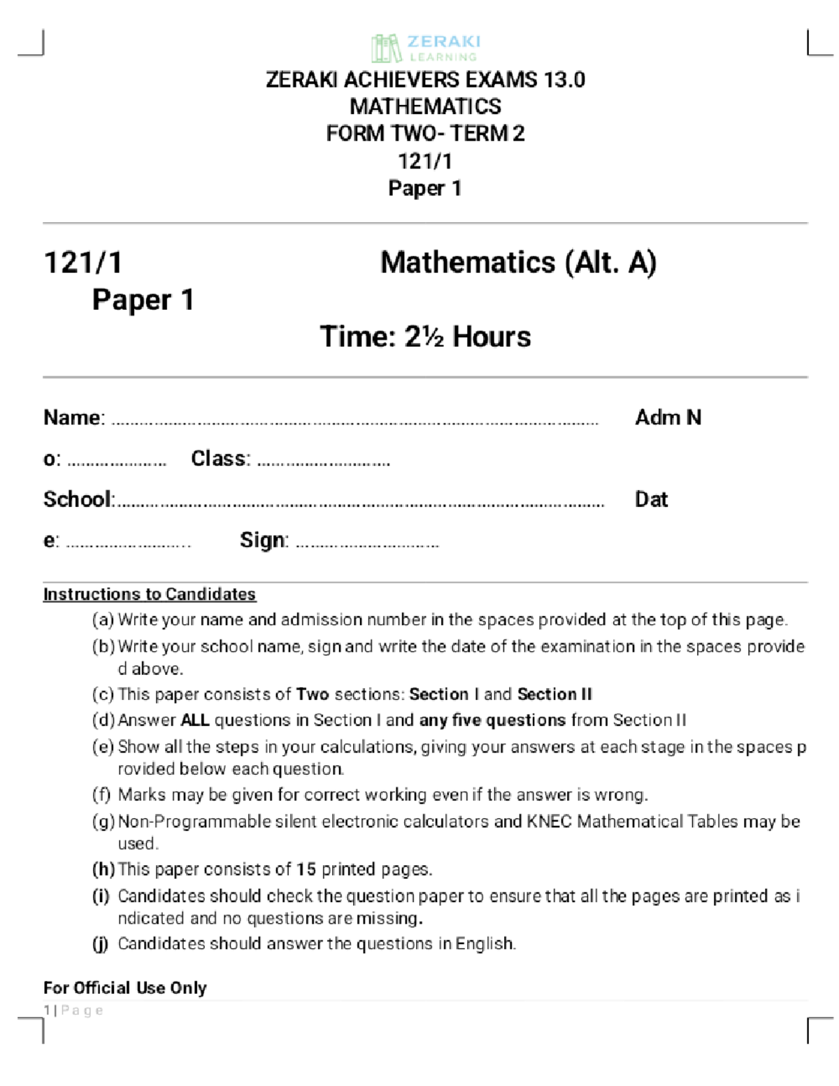 Mathematics - Question paper Phoenix - ZERAKI LEARNING ZERAKI ACHIEVERS ...