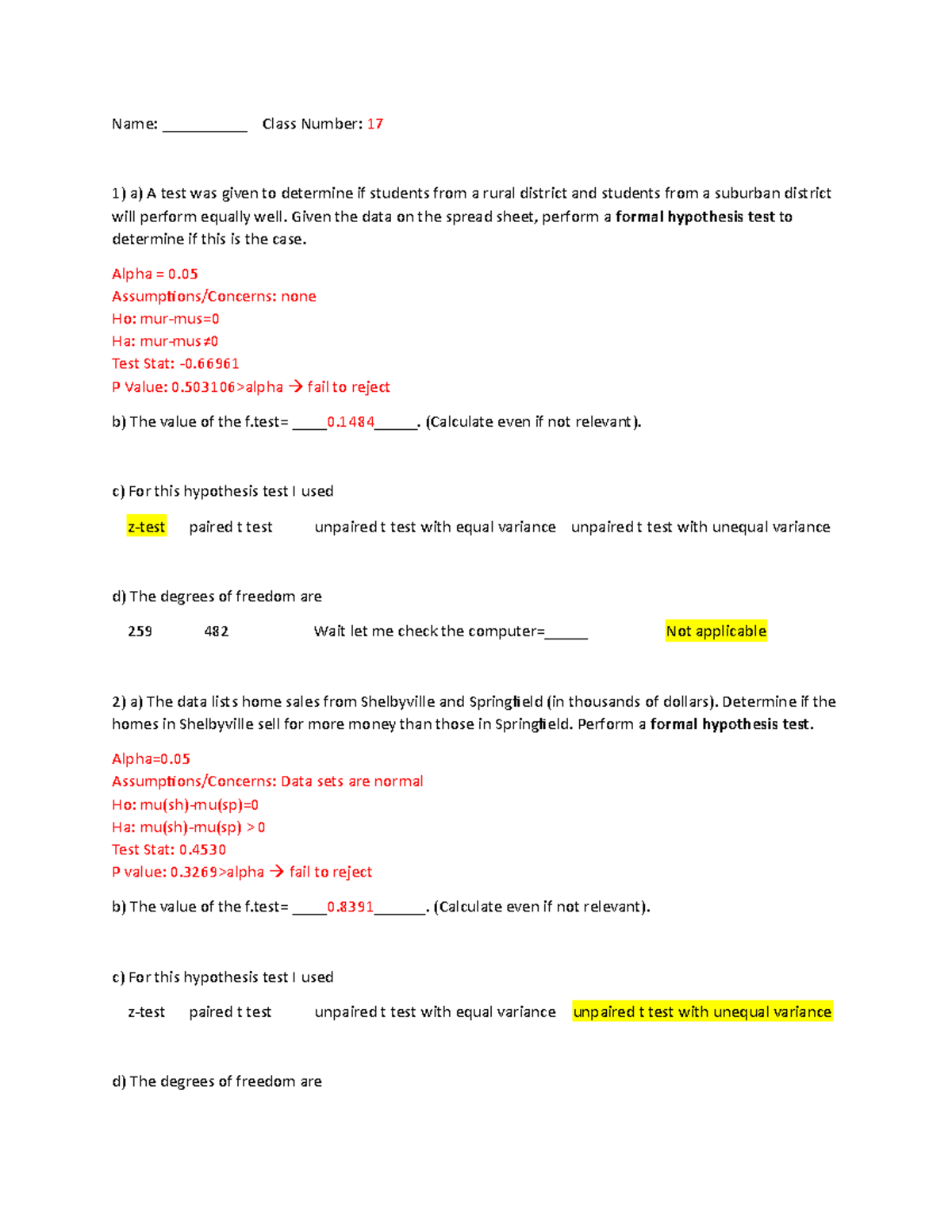 Two Mean Hypothesis Test Answers - Name: __________ Class Number: 17 a ...