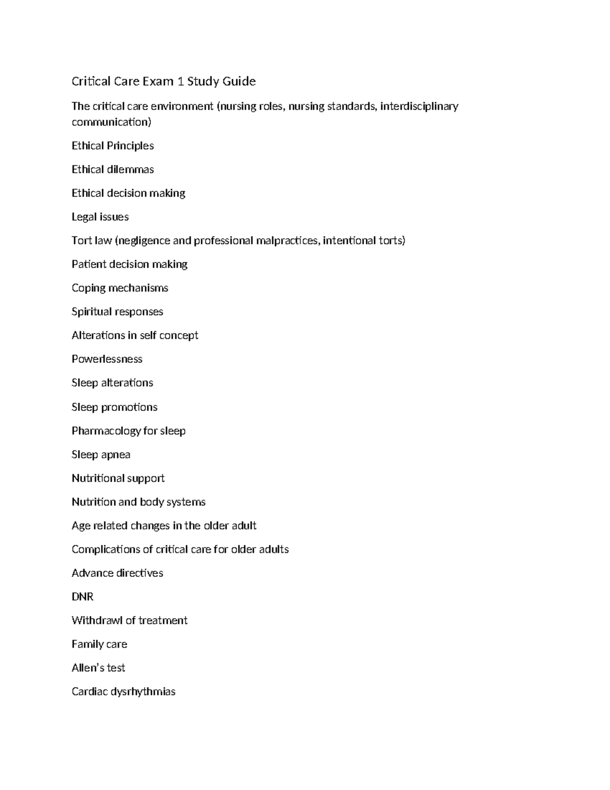 299 Critical Care Exam 1 Study Guide - Critical Care Exam 1 Study Guide ...