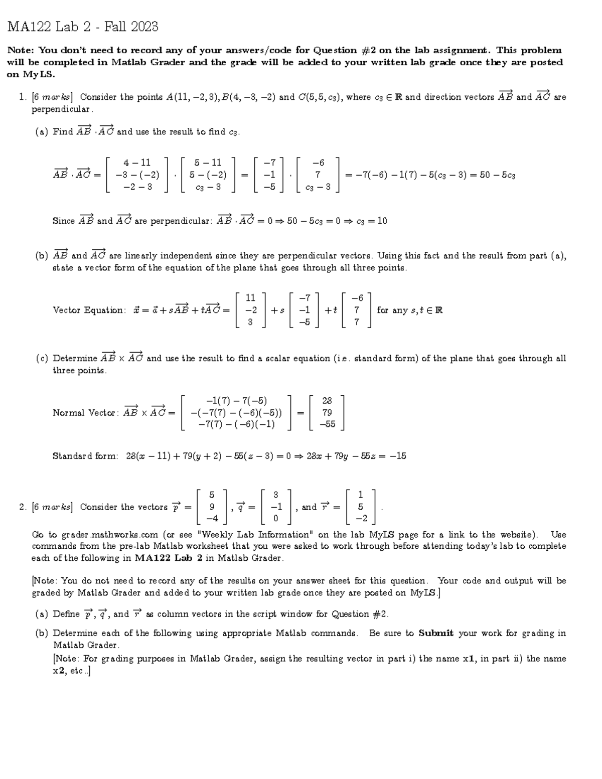MA122F23L2 Solns - Summary Linear Algebra I - MA122 Lab 2 - Fall 2023 ...