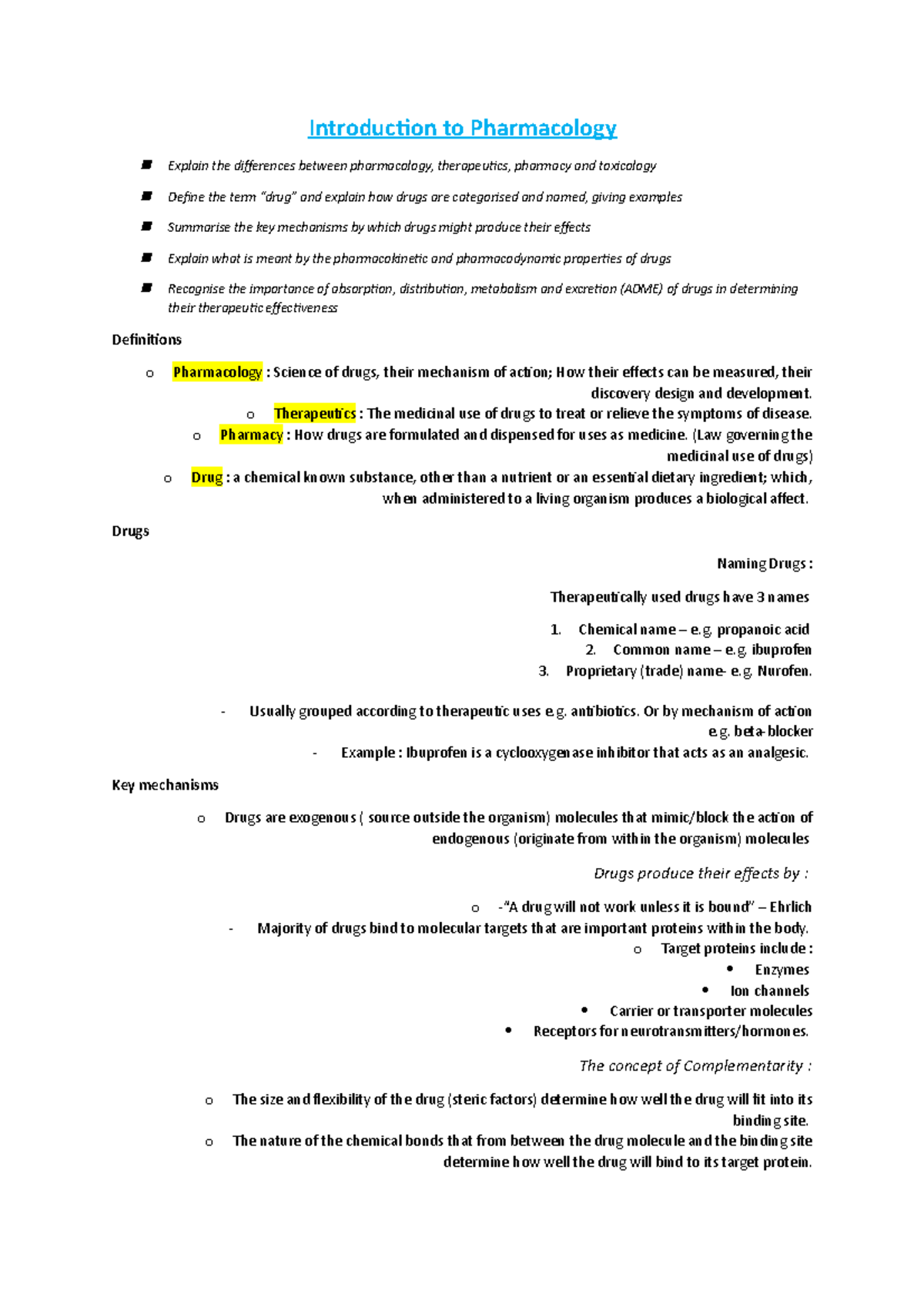 What is Pharamcology - Lecture notes 1 - Introduction to Pharmacology ...