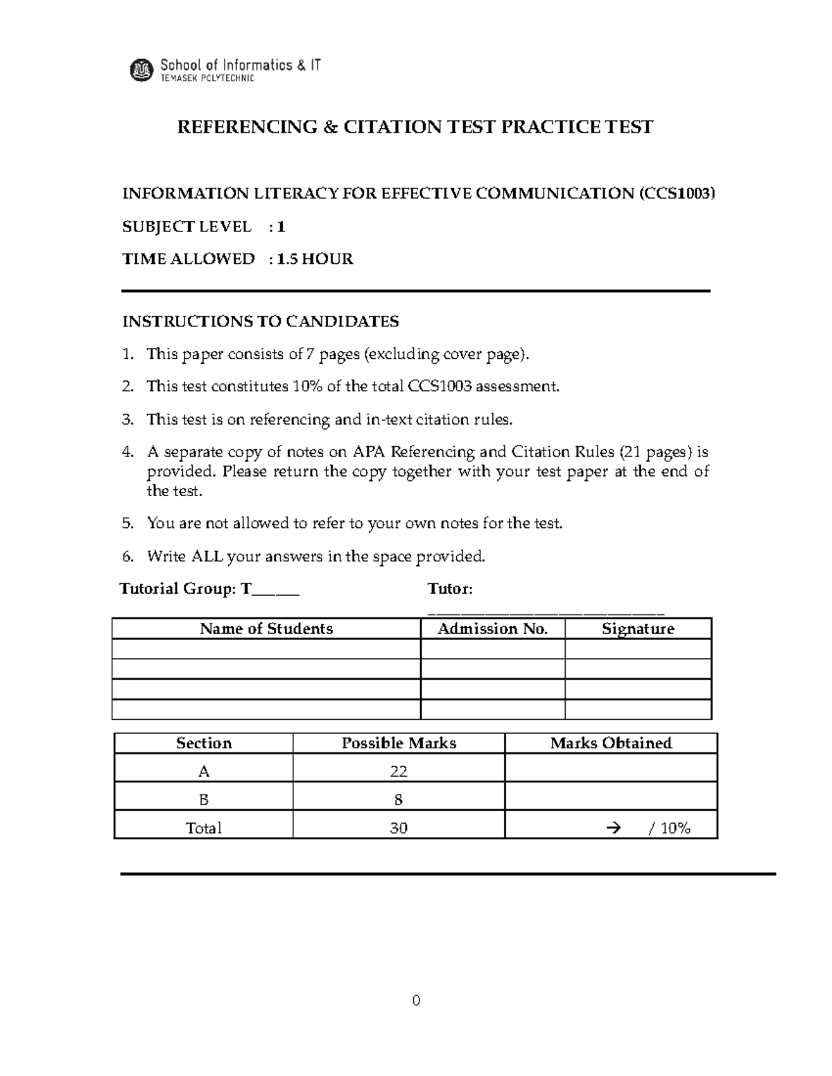 Ref and Citation Practice Test - REFERENCING & CITATION TEST PRACTICE ...