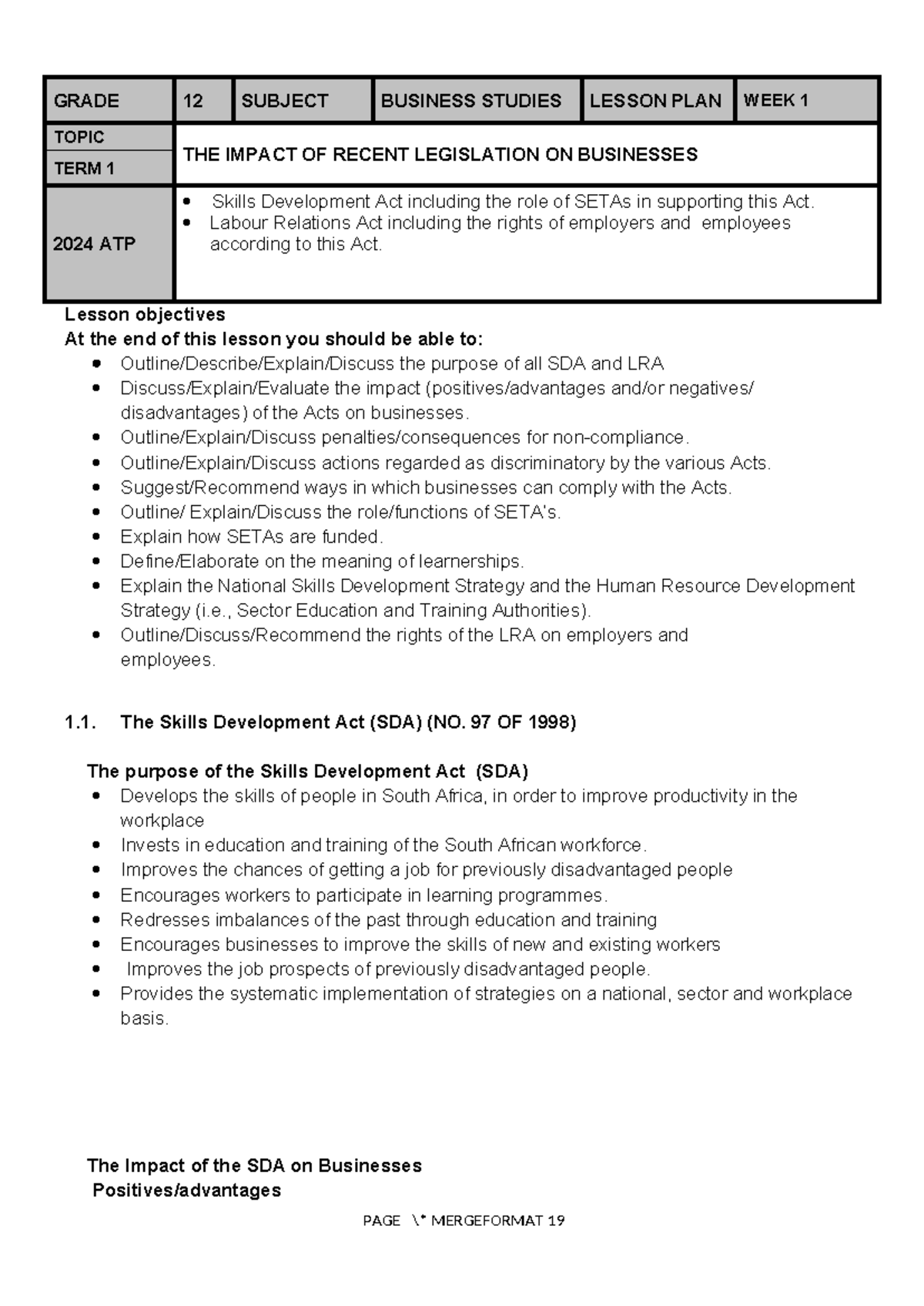 2024 Grade 12 Business Studies Lesson Plans T1 WEEK 1 and 2 Final copy ...