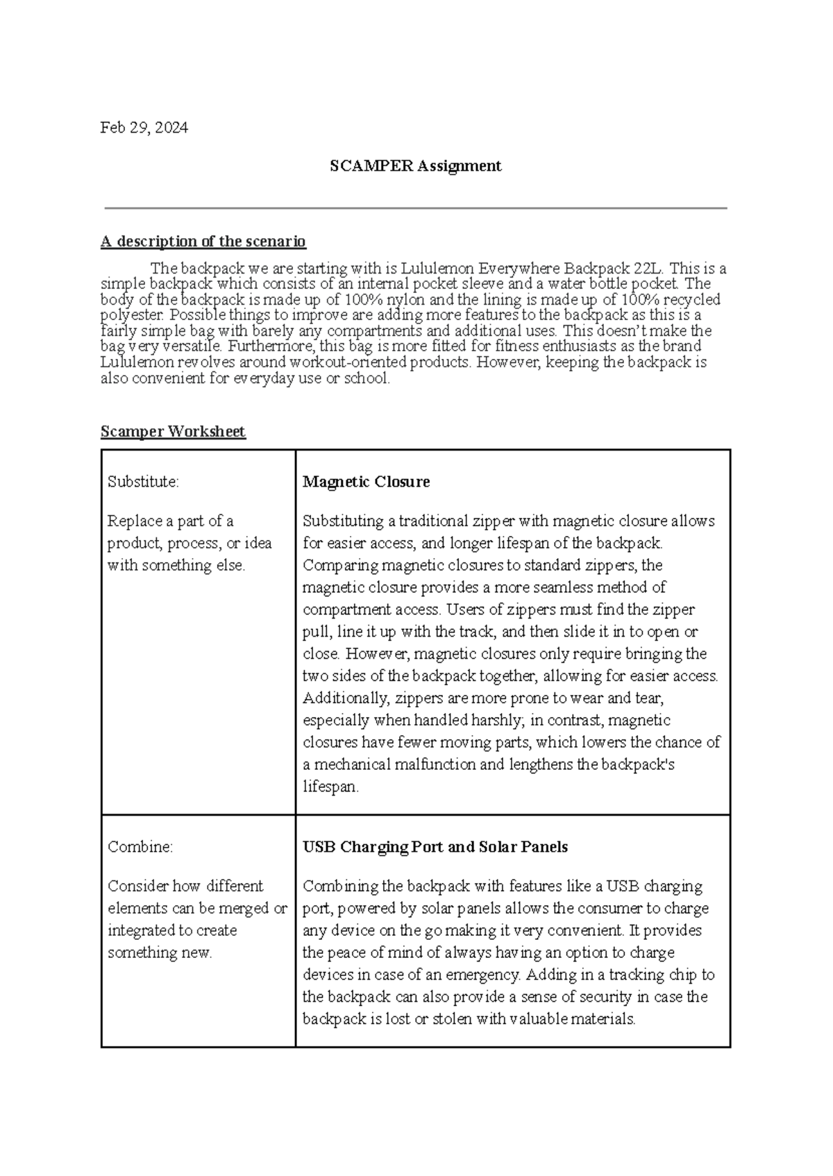 Scamper Work Sheet - Feb 29, 2024 SCAMPER Assignment A description of the scenario The backpack ...