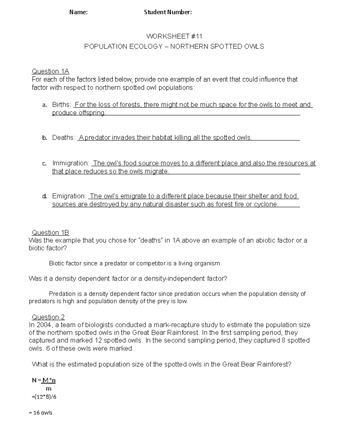 Worksheet #11 Population Ecology Worksheet - Spotted Owls - Name ...