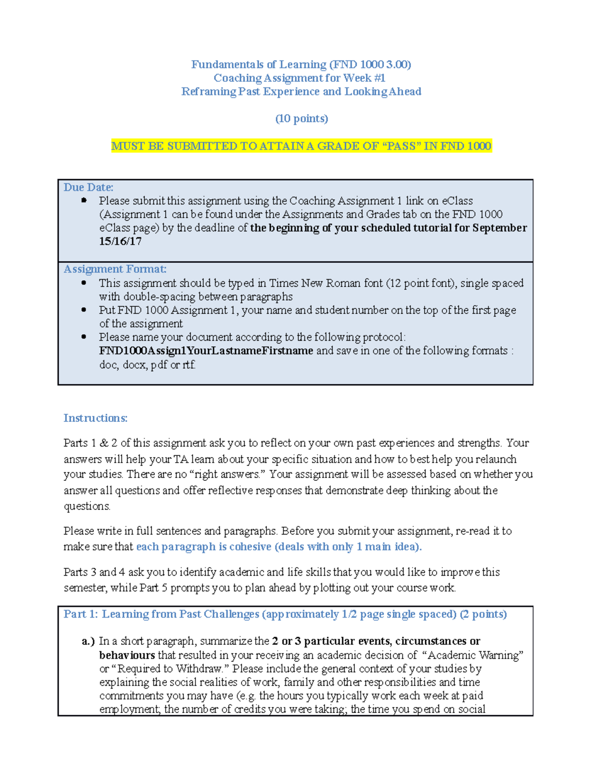 Coaching Assignment 1 Fall 2021 Reflecting on Past Experience and ...