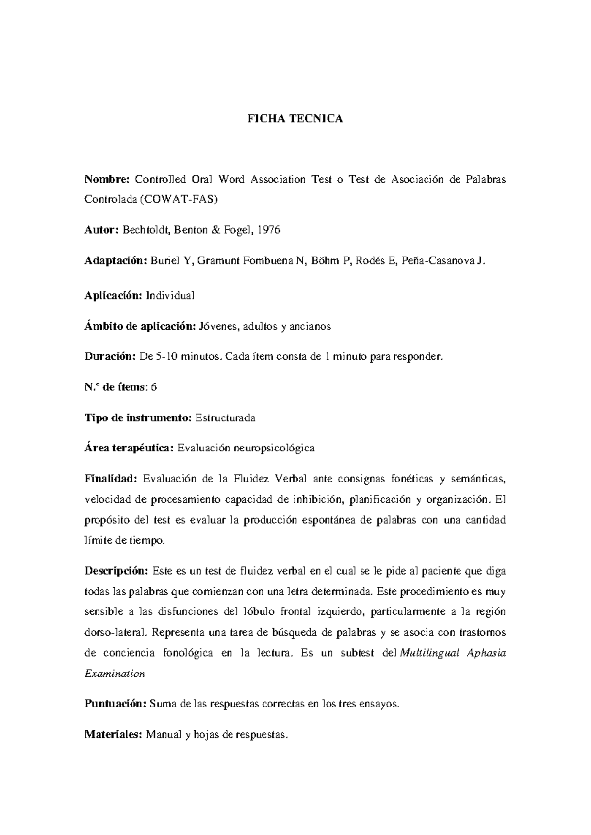 Toaz - lenguaje, COWAT MANUAL - FICHA TECNICA Nombre: Controlled Oral ...