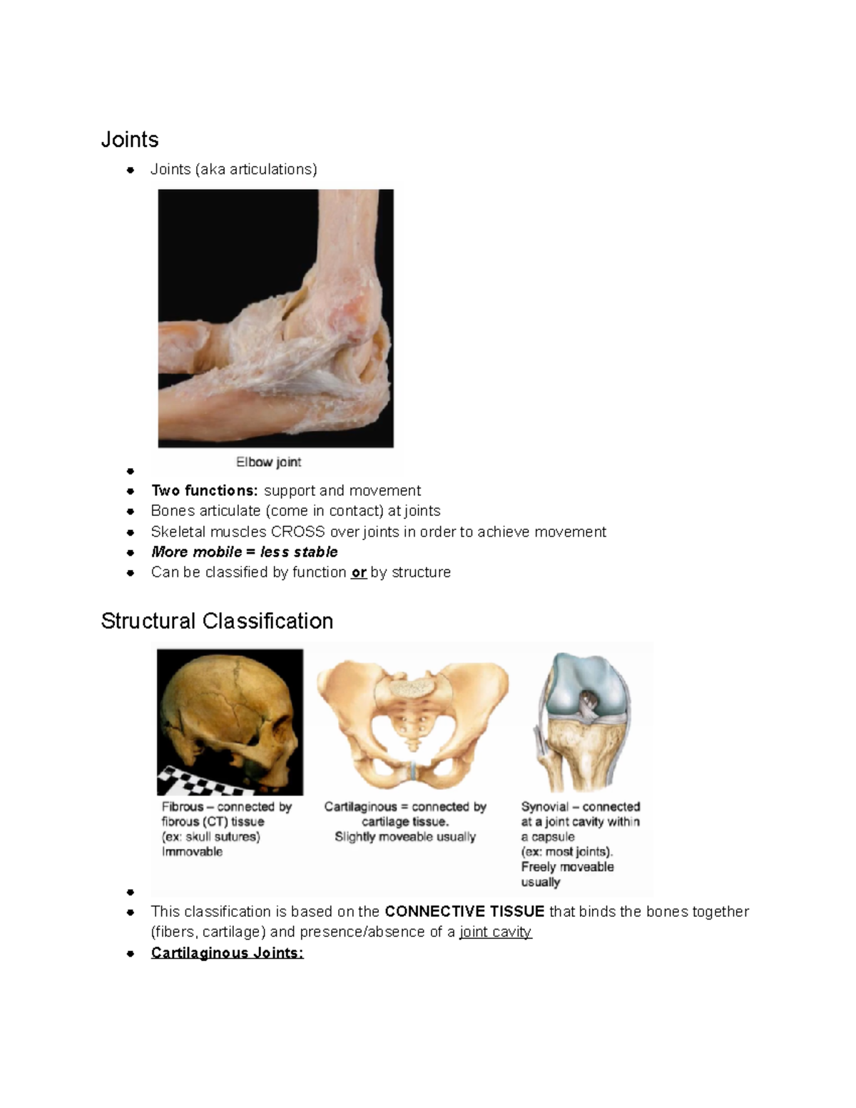 Intro to Joints Notes (PTH AS 2201) - Joints Joints (aka articulations ...