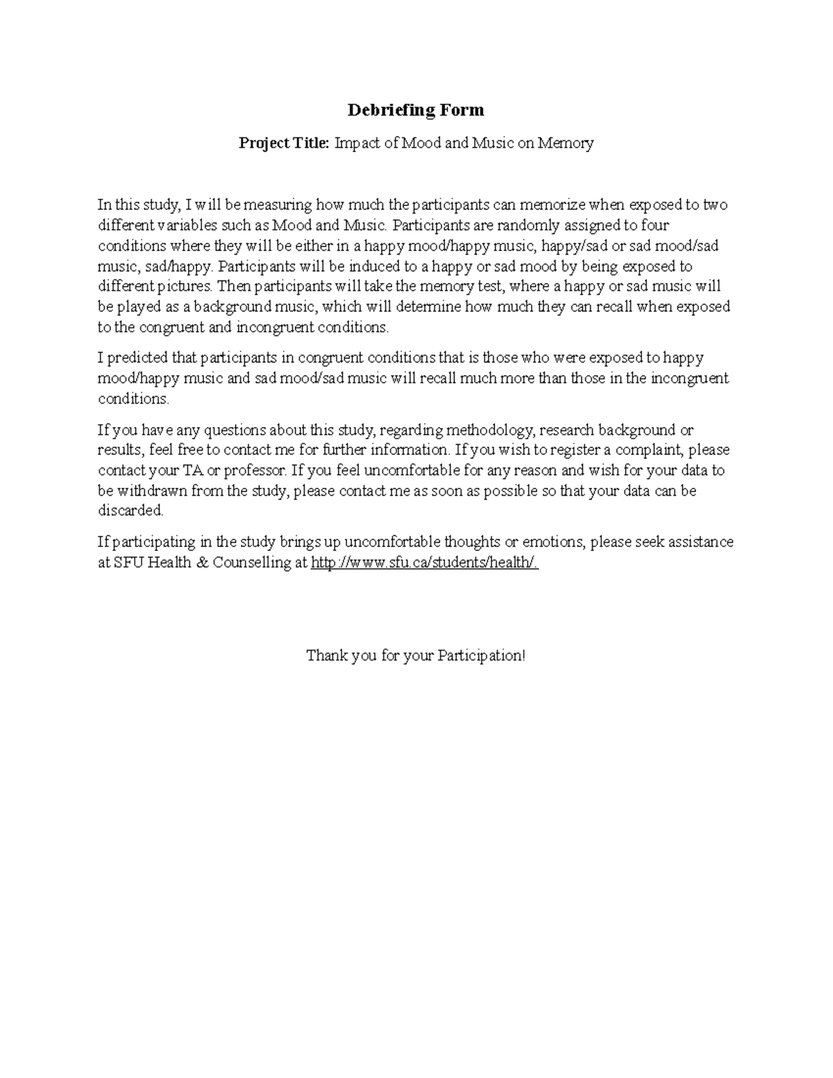 Debriefing Form - Project material - Debriefing Form Project Title ...